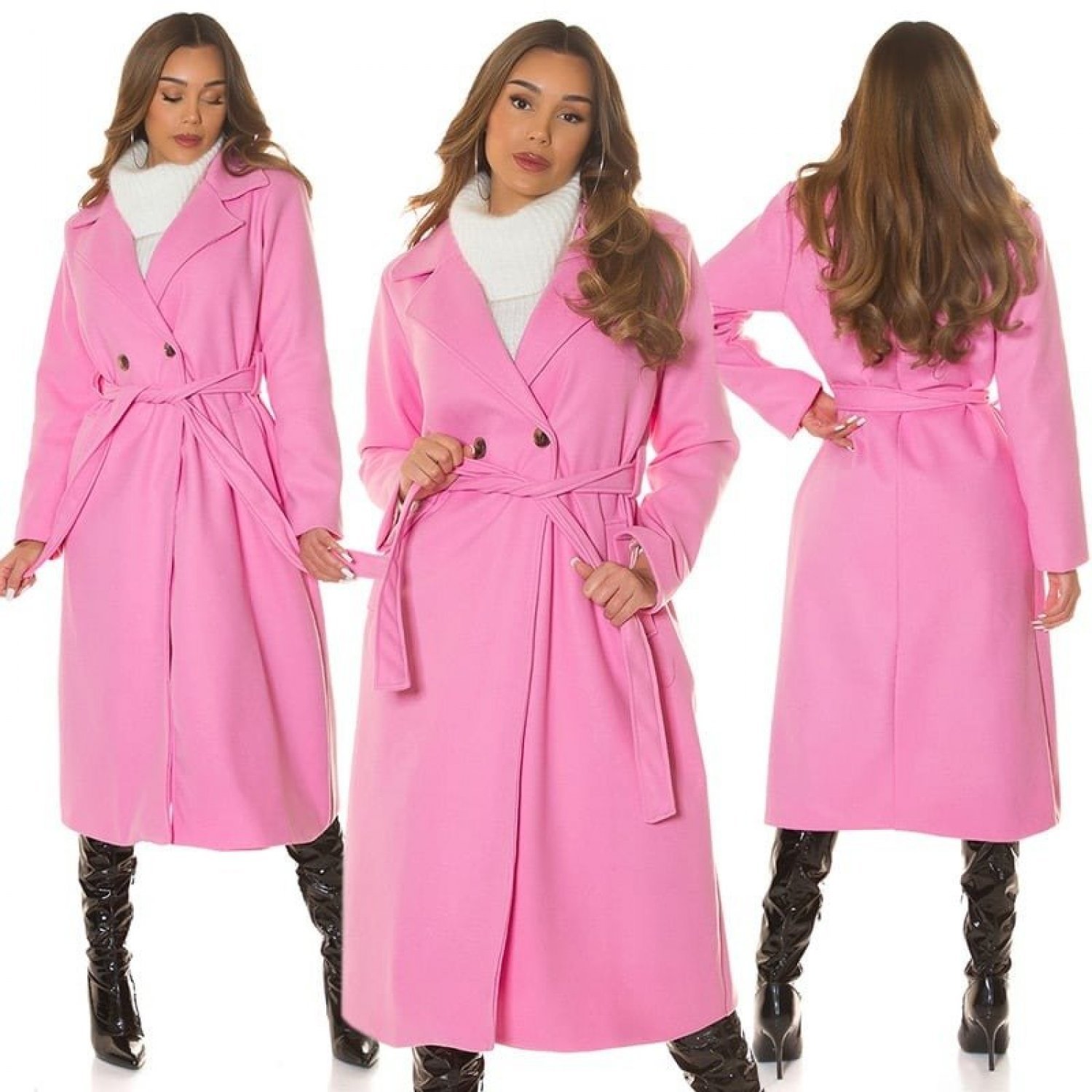 Palton dama elegant lung, roz pastel, Orinna - JojoFashion.ro