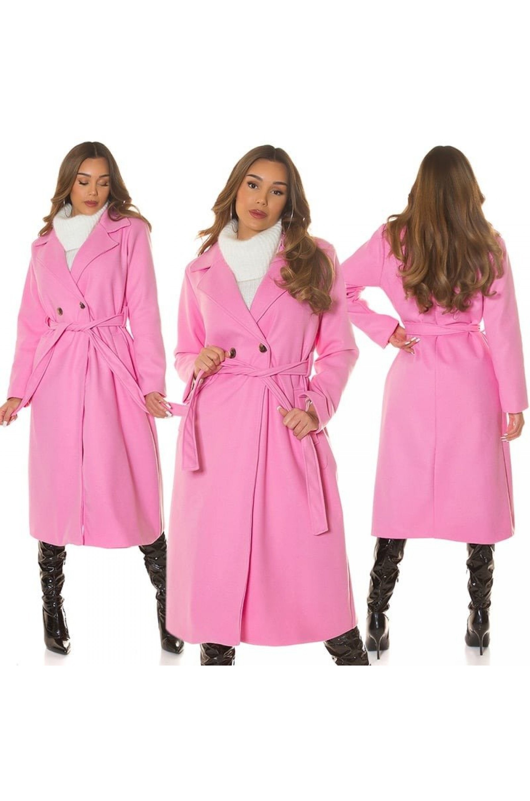 Palton dama elegant lung, roz pastel, Orinna - JojoFashion.ro