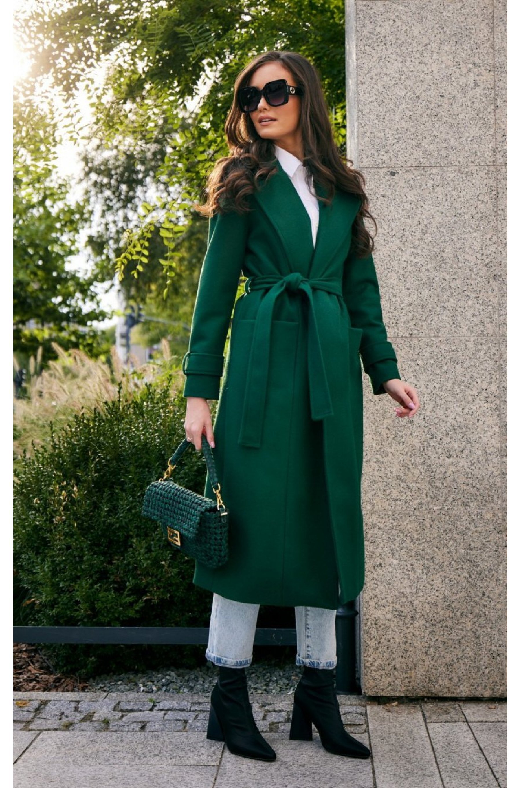 Palton dama elegant lung, verde, clasic, cu buzunare si cordon, Vanora ...