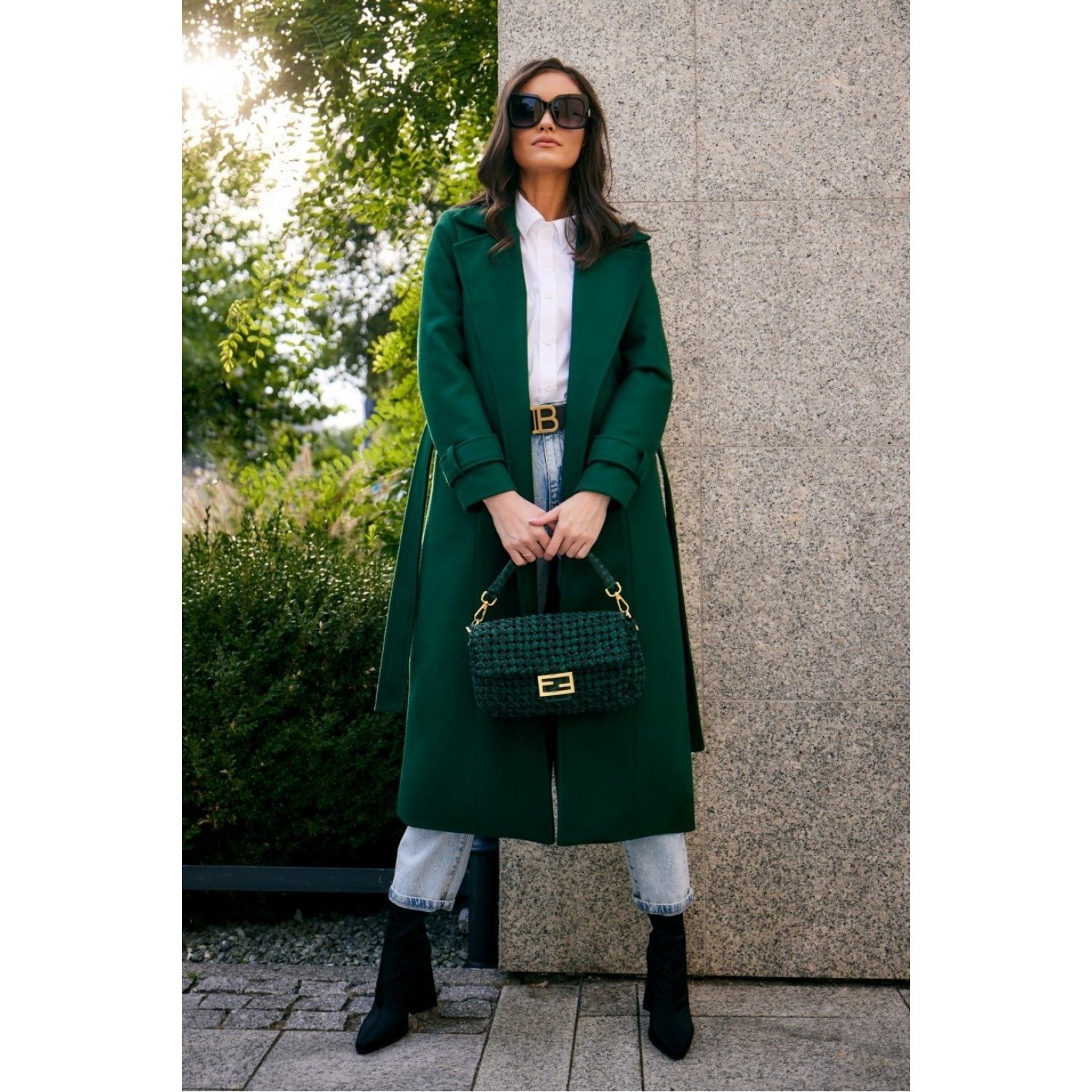Palton dama elegant lung, verde, clasic, cu buzunare si cordon, Vanora ...