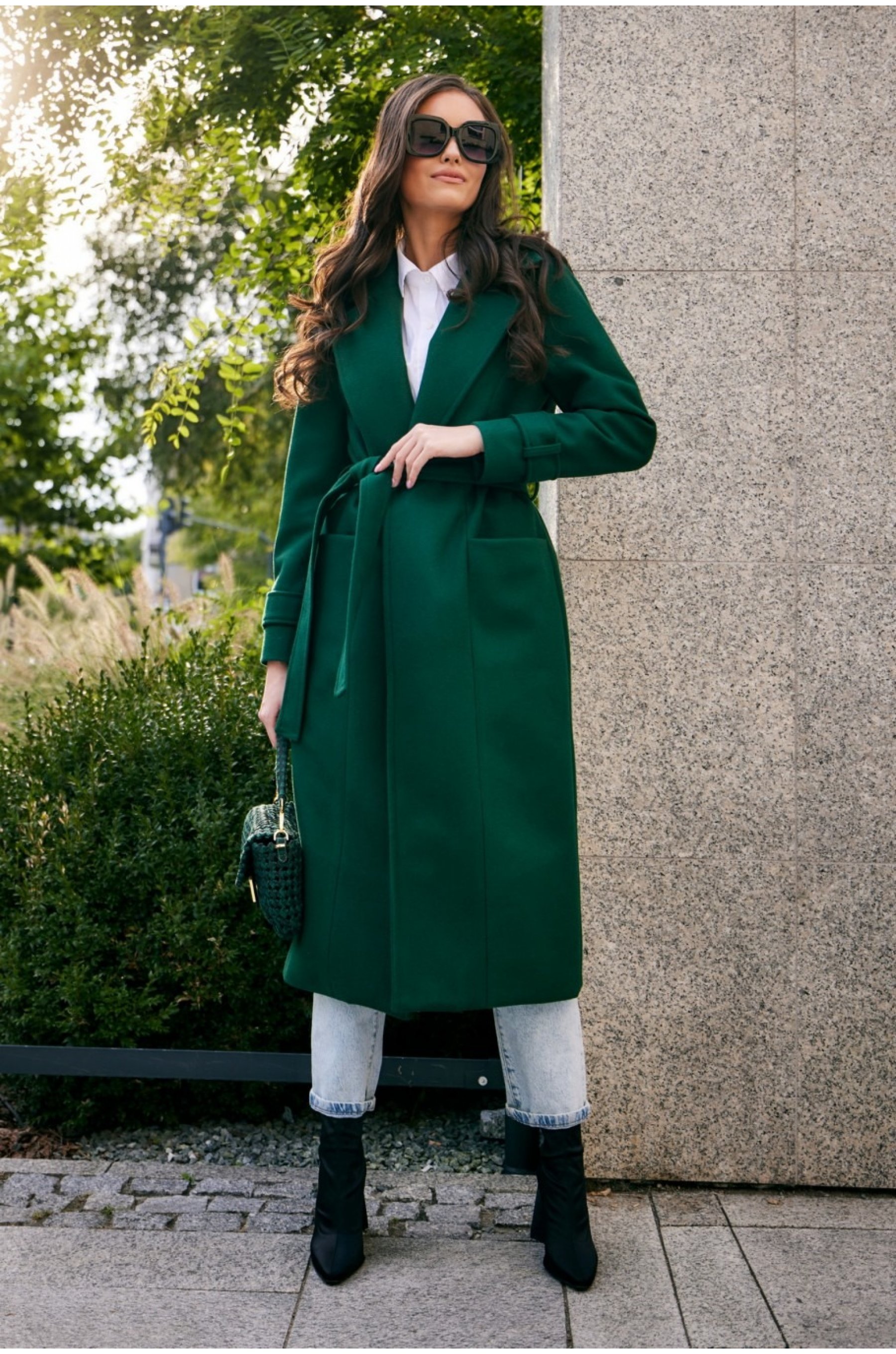Palton dama elegant lung, verde, clasic, cu buzunare si cordon, Vanora ...