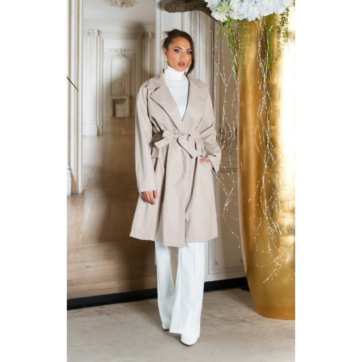 Palton dama elegant midi, piele eco, bej, Kiera - JojoFashion.ro