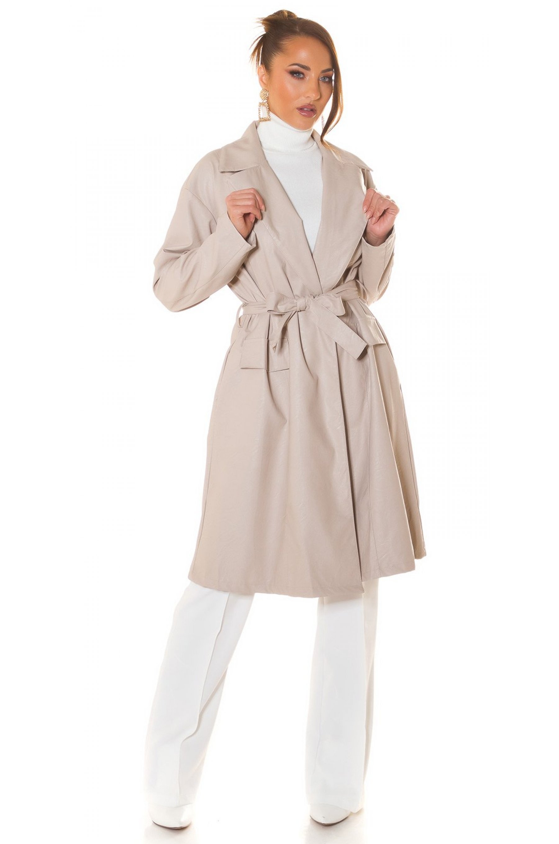 Palton dama elegant midi, piele eco, bej, Kiera - JojoFashion.ro