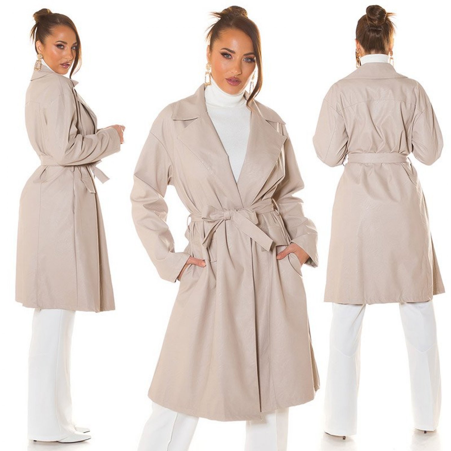 Palton dama elegant midi, piele eco, bej, Kiera - JojoFashion.ro