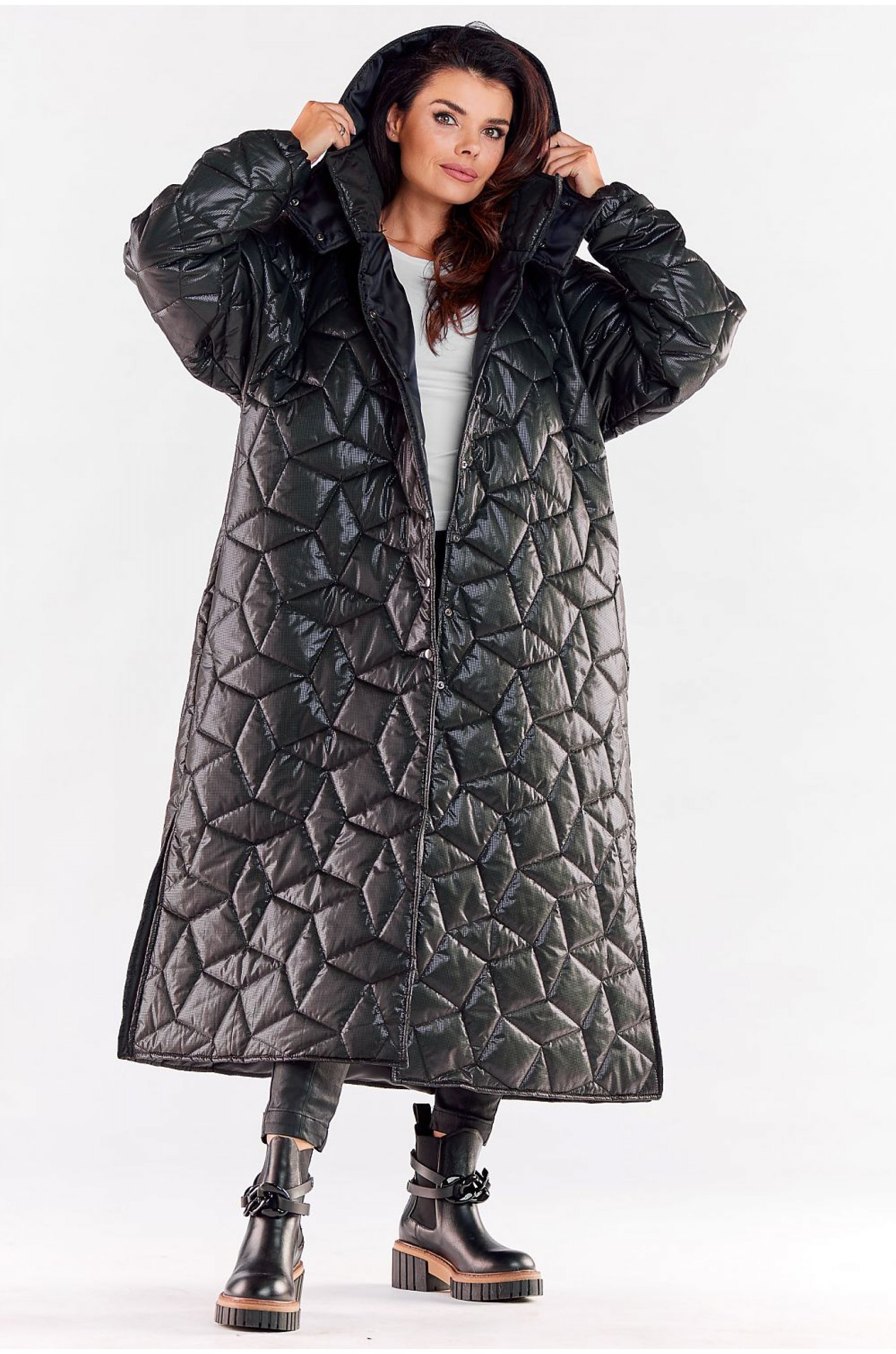 Palton dama lung, matlasat, negru, oversize, cu gluga, Lanny ...