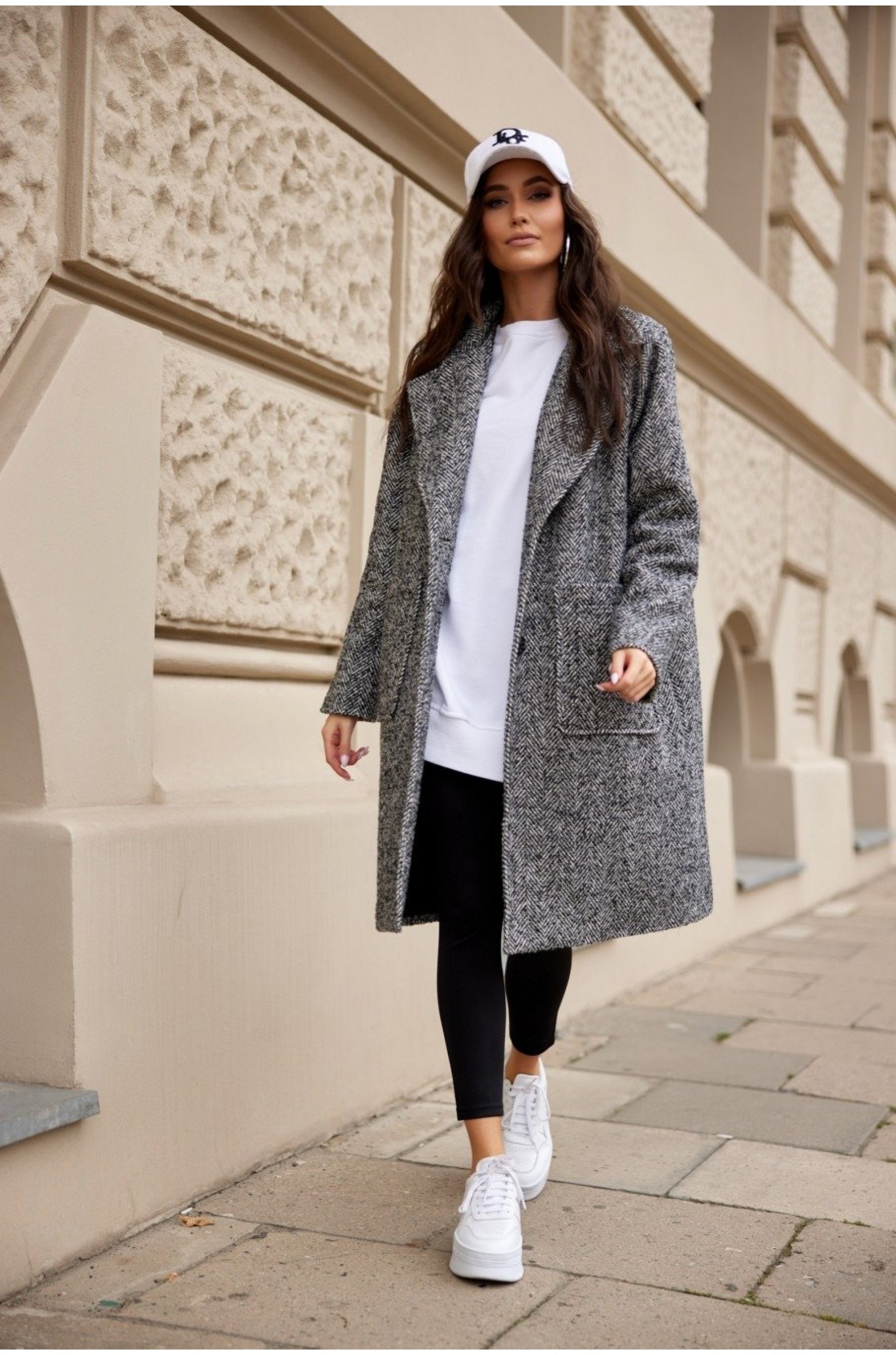 Palton dama midi oversize, pepit, gri cu negru, Francys - JojoFashion.ro