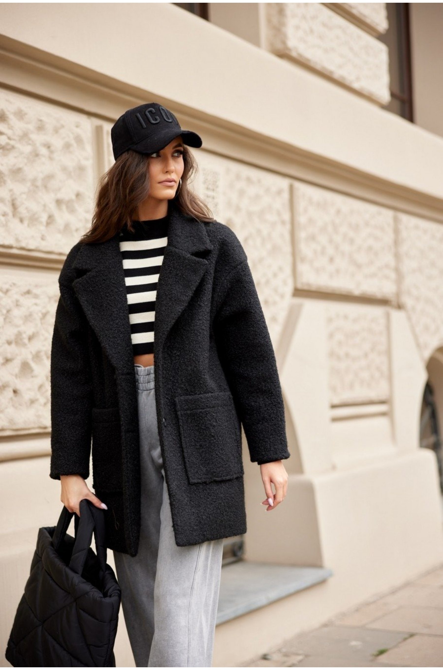 Palton dama scurt, negru, oversize, cu buzunare aplicate, Sanchez ...