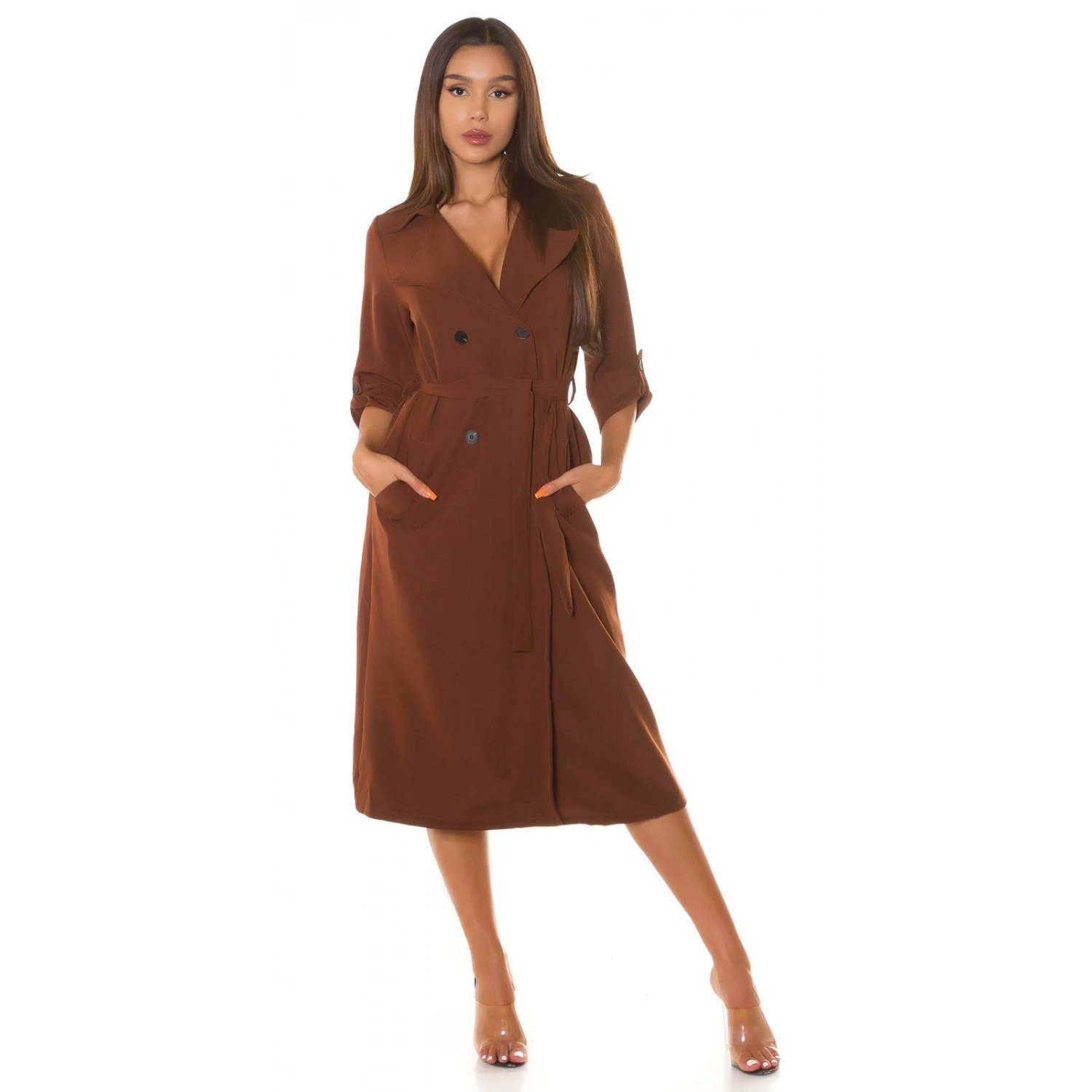 Trenci dama elegant midi maro Mexilho - JojoFashion.ro