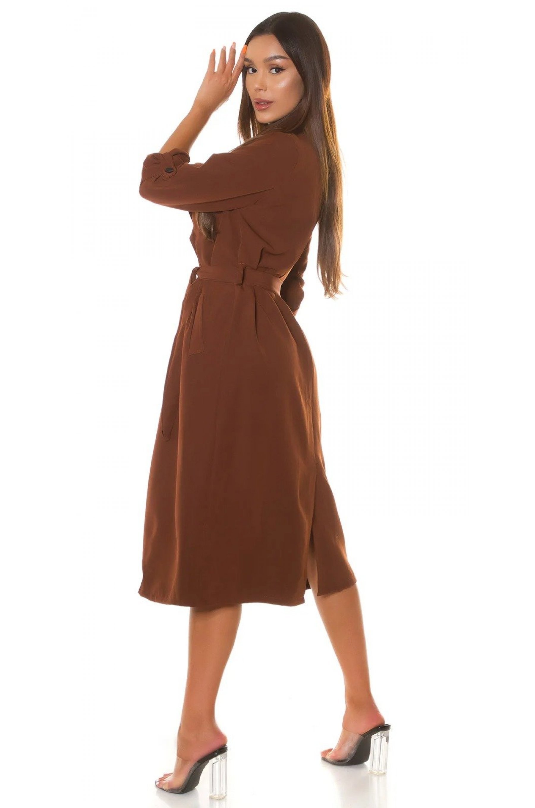Trenci dama elegant midi maro Mexilho - JojoFashion.ro