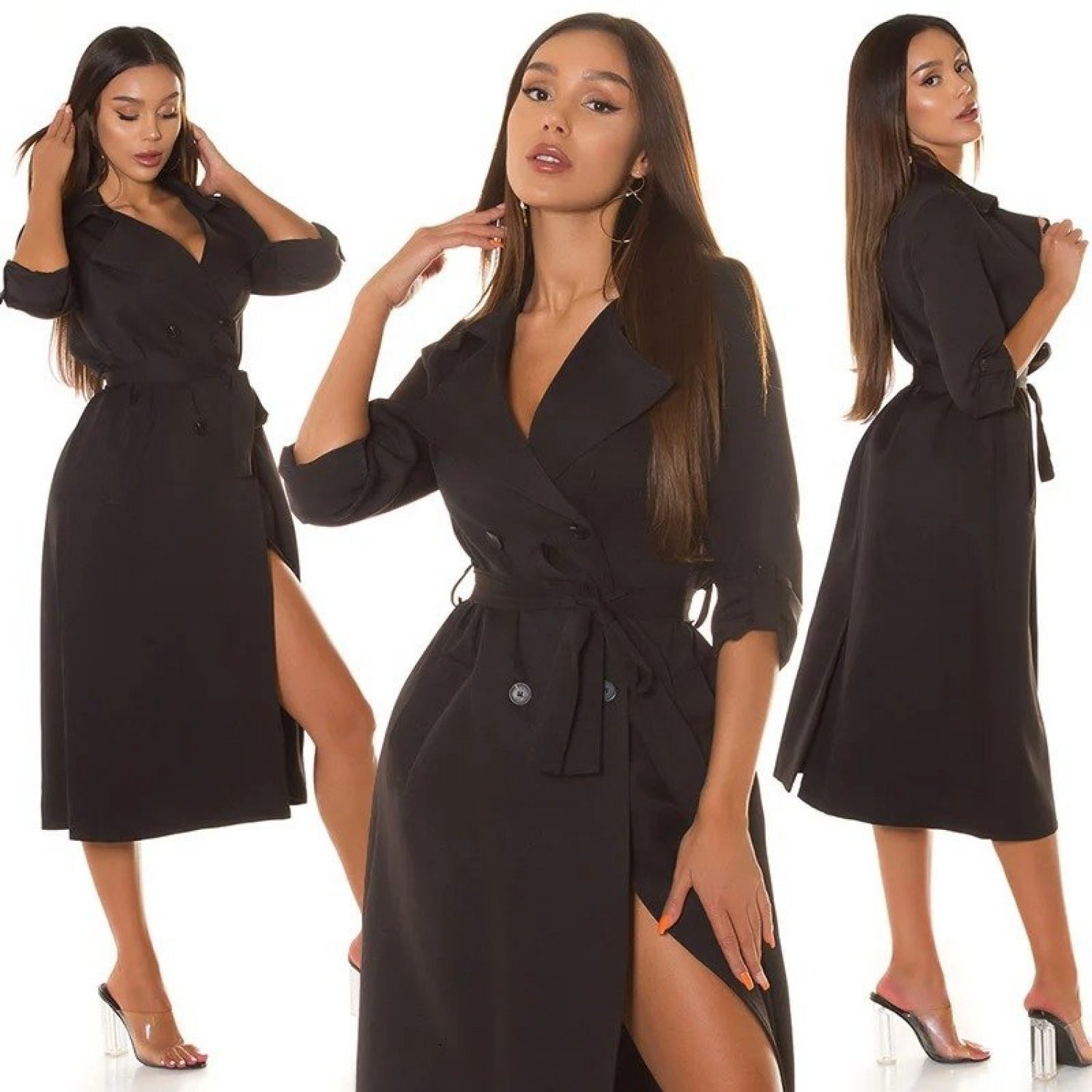 Trenci dama elegant midi negru Mexilho - JojoFashion.ro