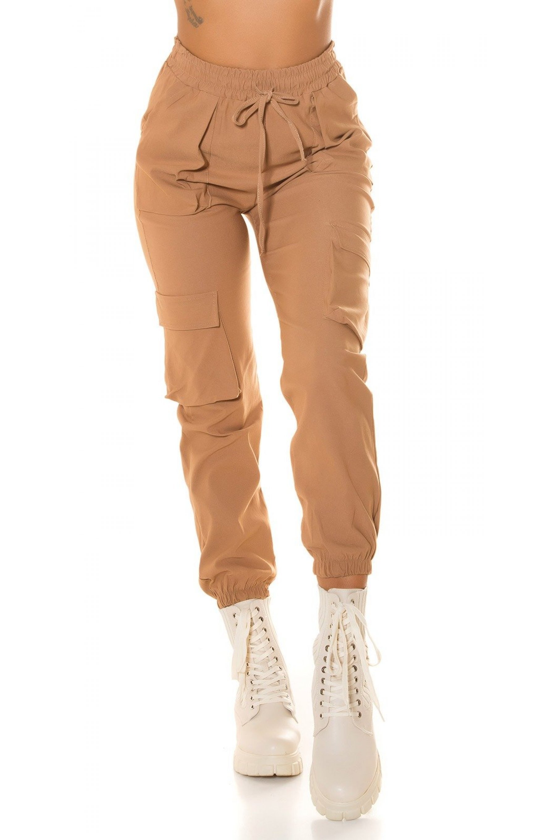 Pantaloni dama casual, cargo, cappuccino, cu talia inalta, Mynevo ...