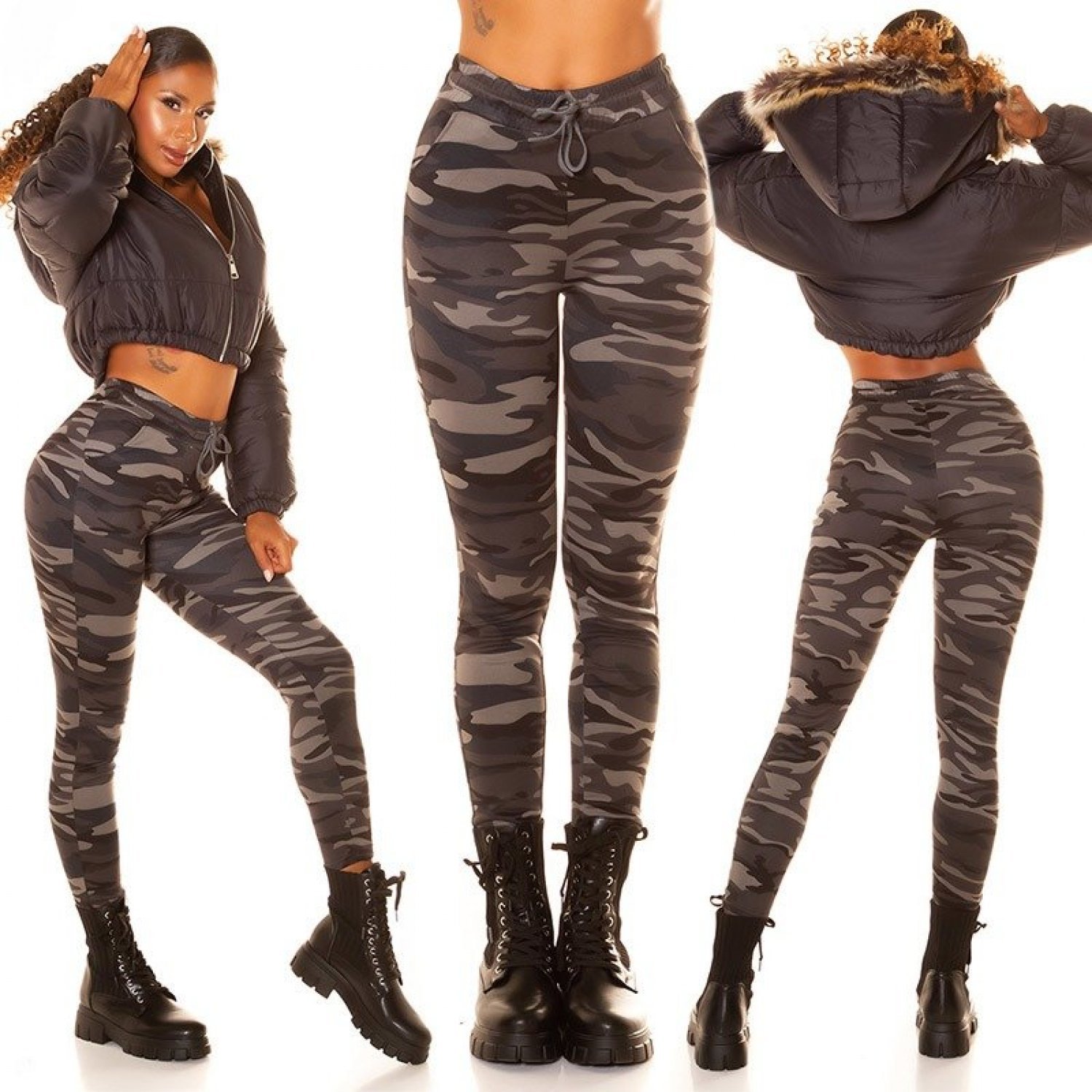 Pantaloni dama casual gri army print mulati Armeeck - JojoFashion.ro