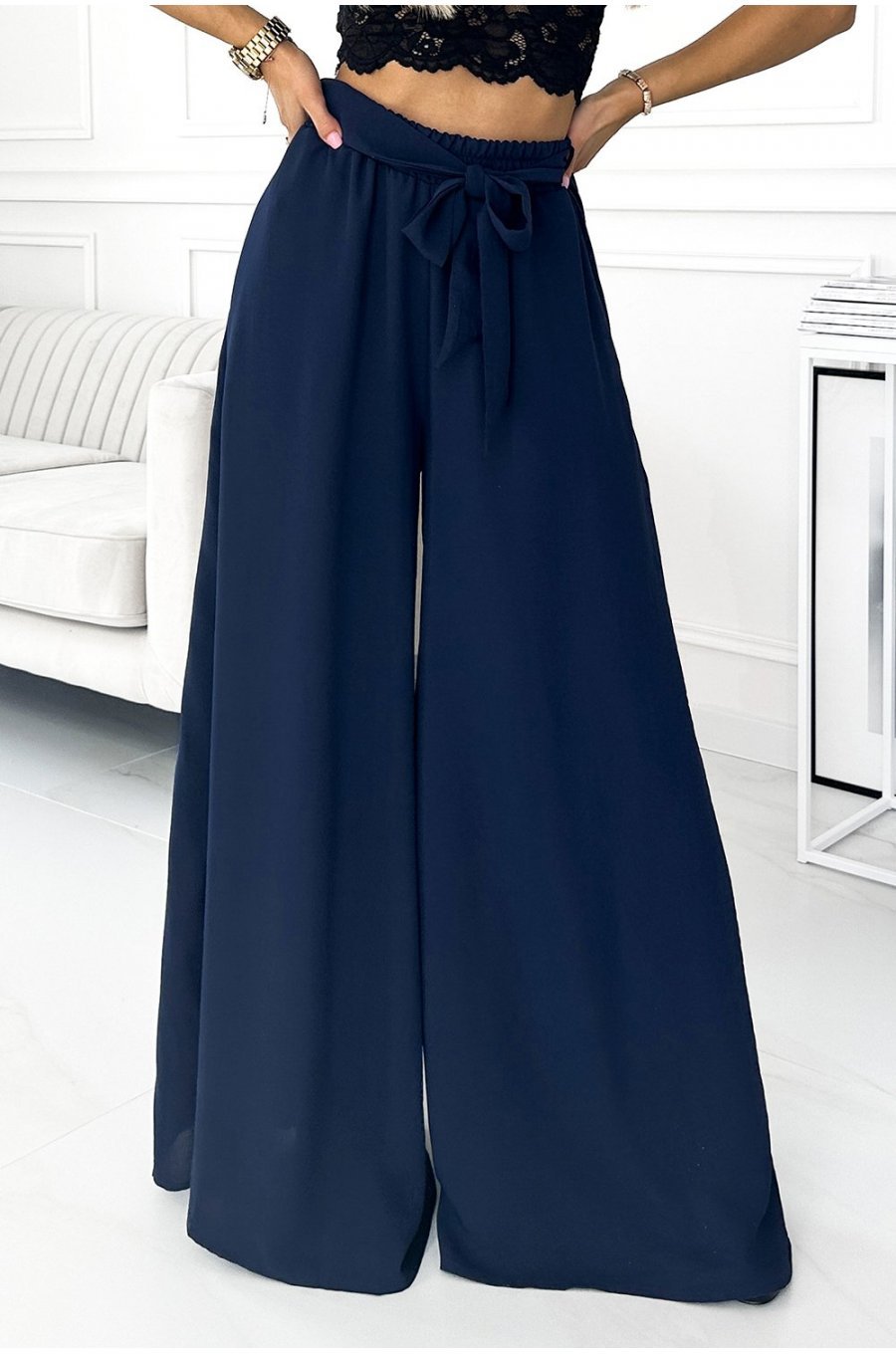 Pantaloni dama evazati, bleumarin navy, cu talia inalta, Noreen ...