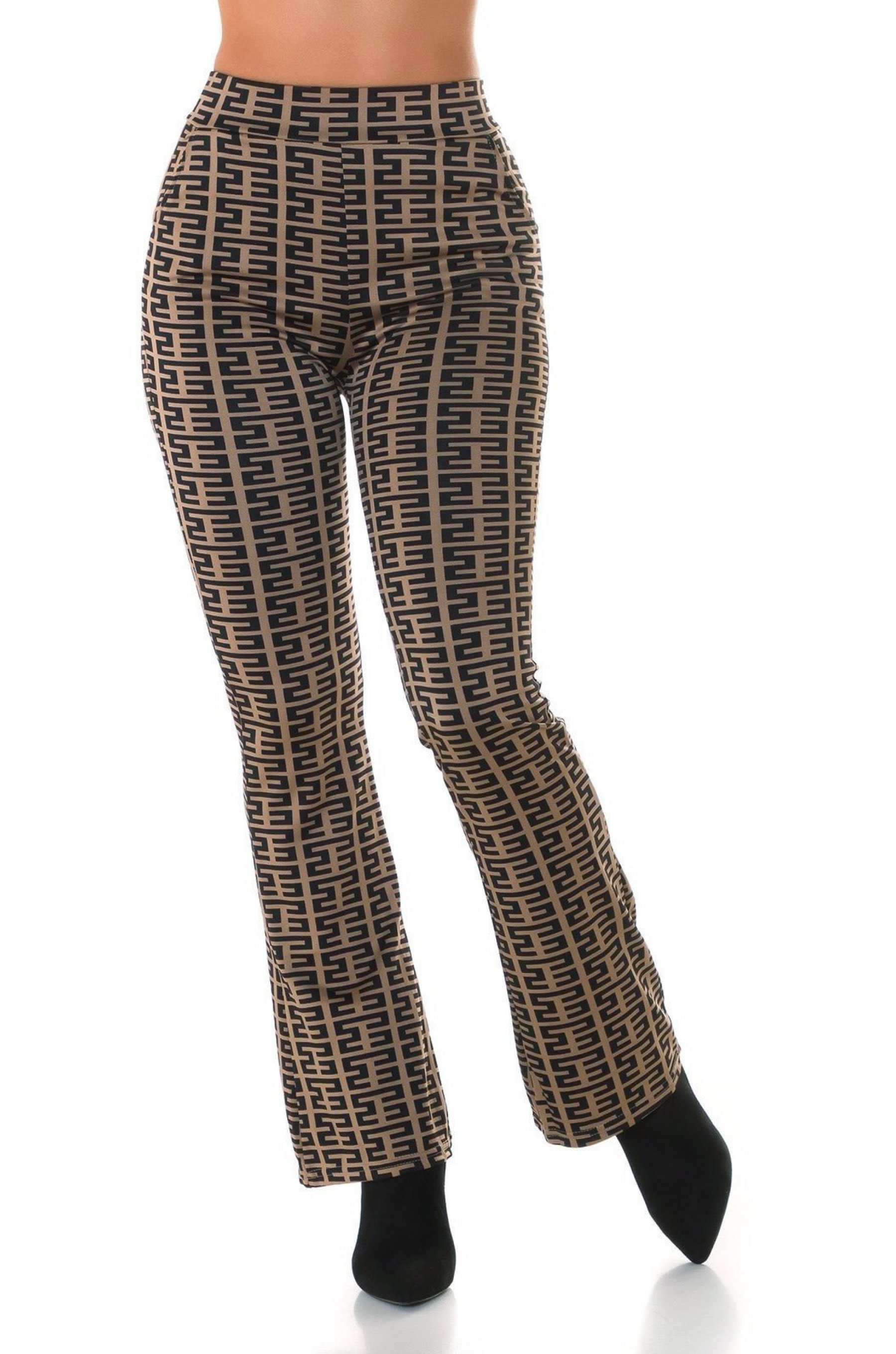 Pantaloni dama evazati, cappuccino cu print negru, Selinn - JojoFashion.ro