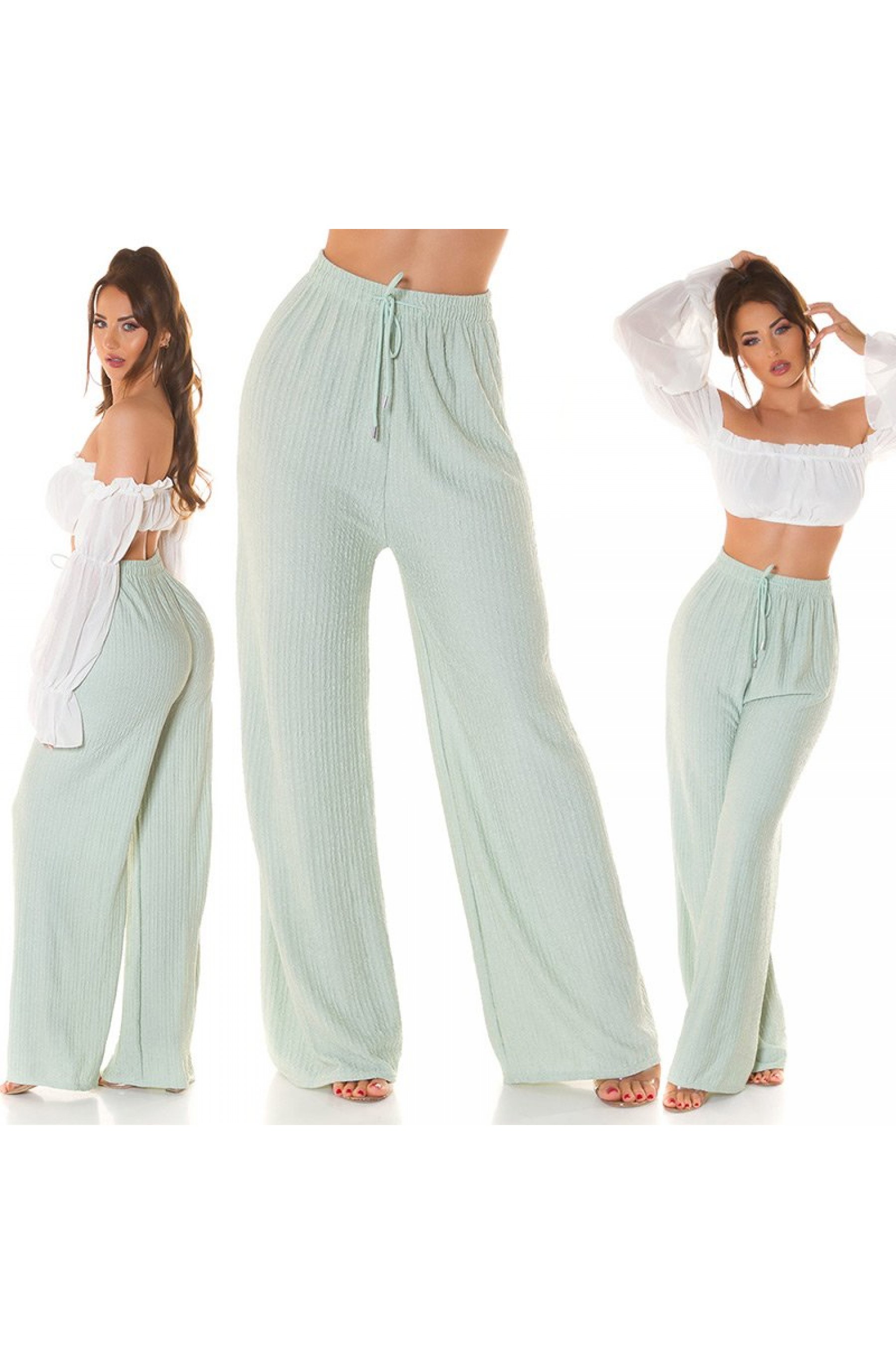 Pantaloni dama evazati, de vara, menta, largi, Sharleey - JojoFashion.ro