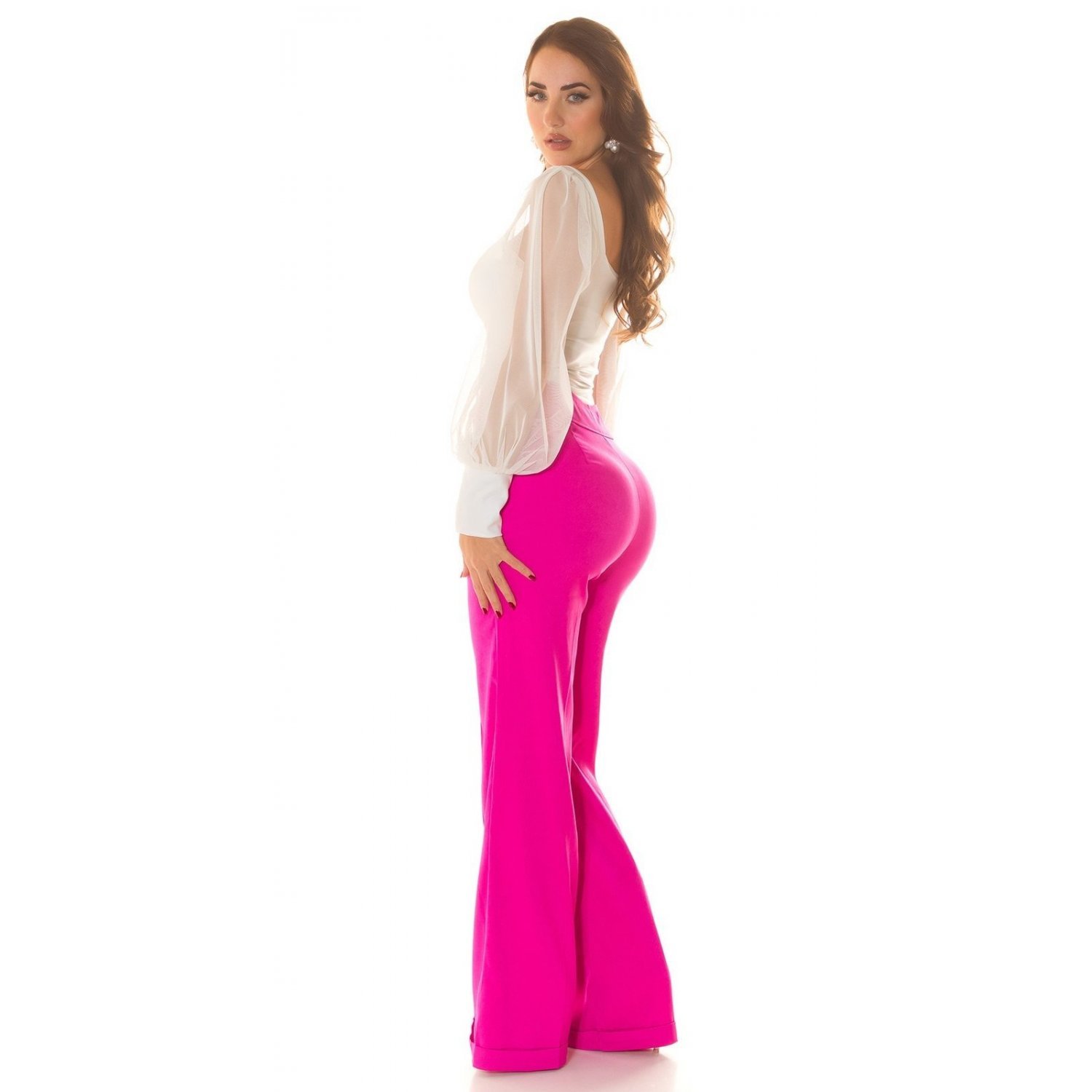 Pantaloni dama evazati, roz ciclam, cu talia inalta, Deussa ...