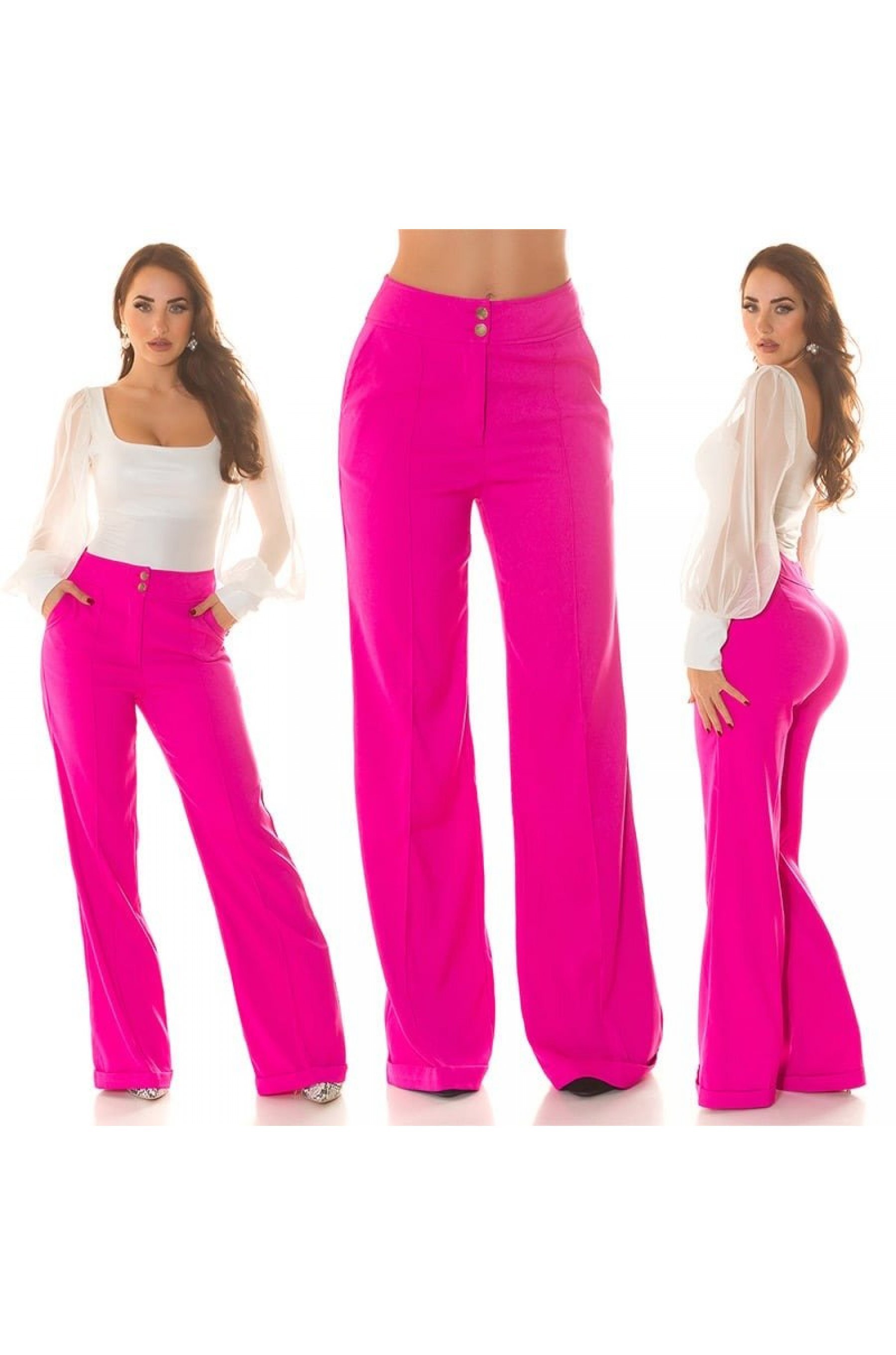 Pantaloni dama evazati, roz ciclam, cu talia inalta, Deussa ...