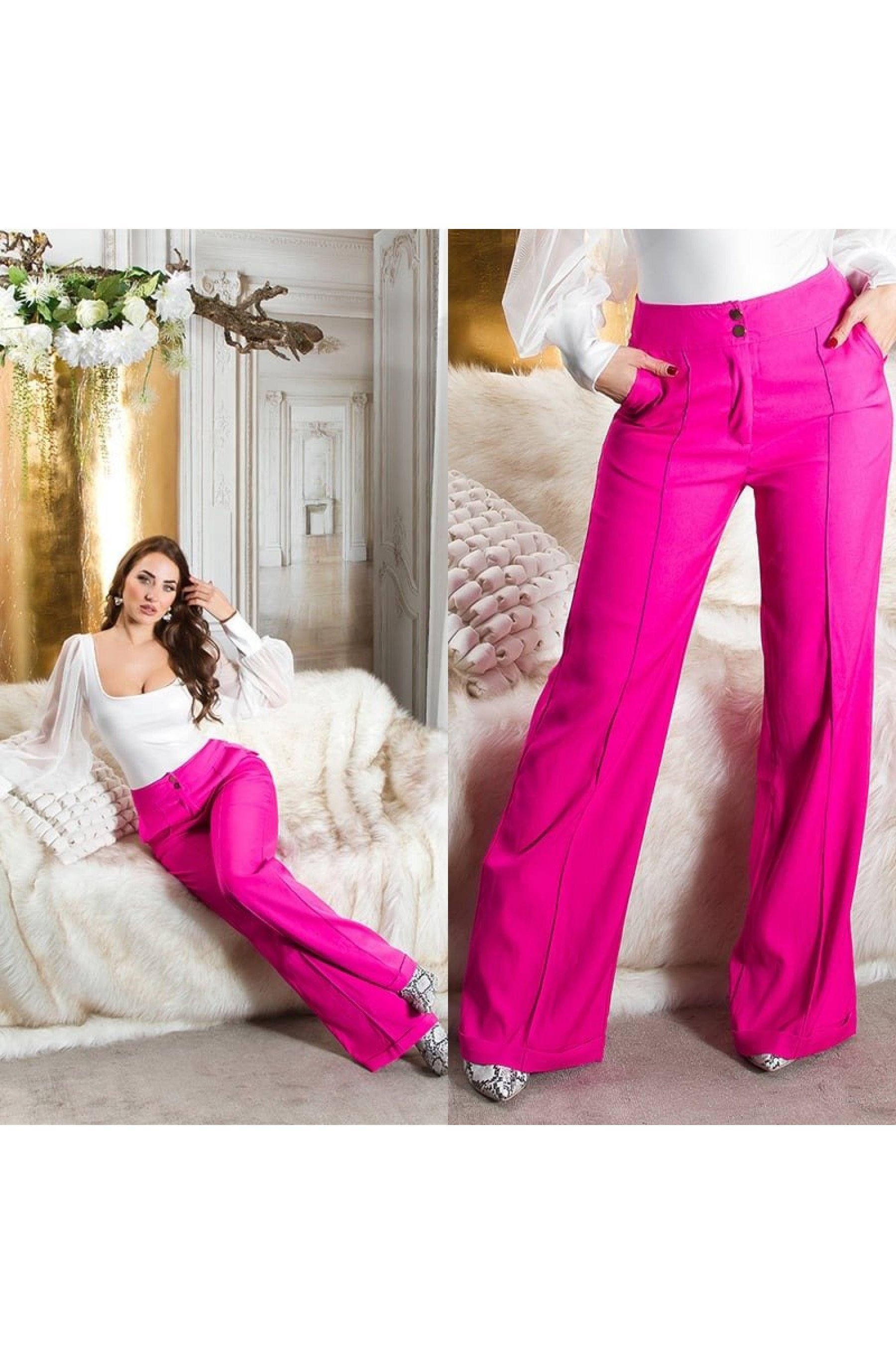 Pantaloni dama evazati, roz ciclam, cu talia inalta, Deussa ...