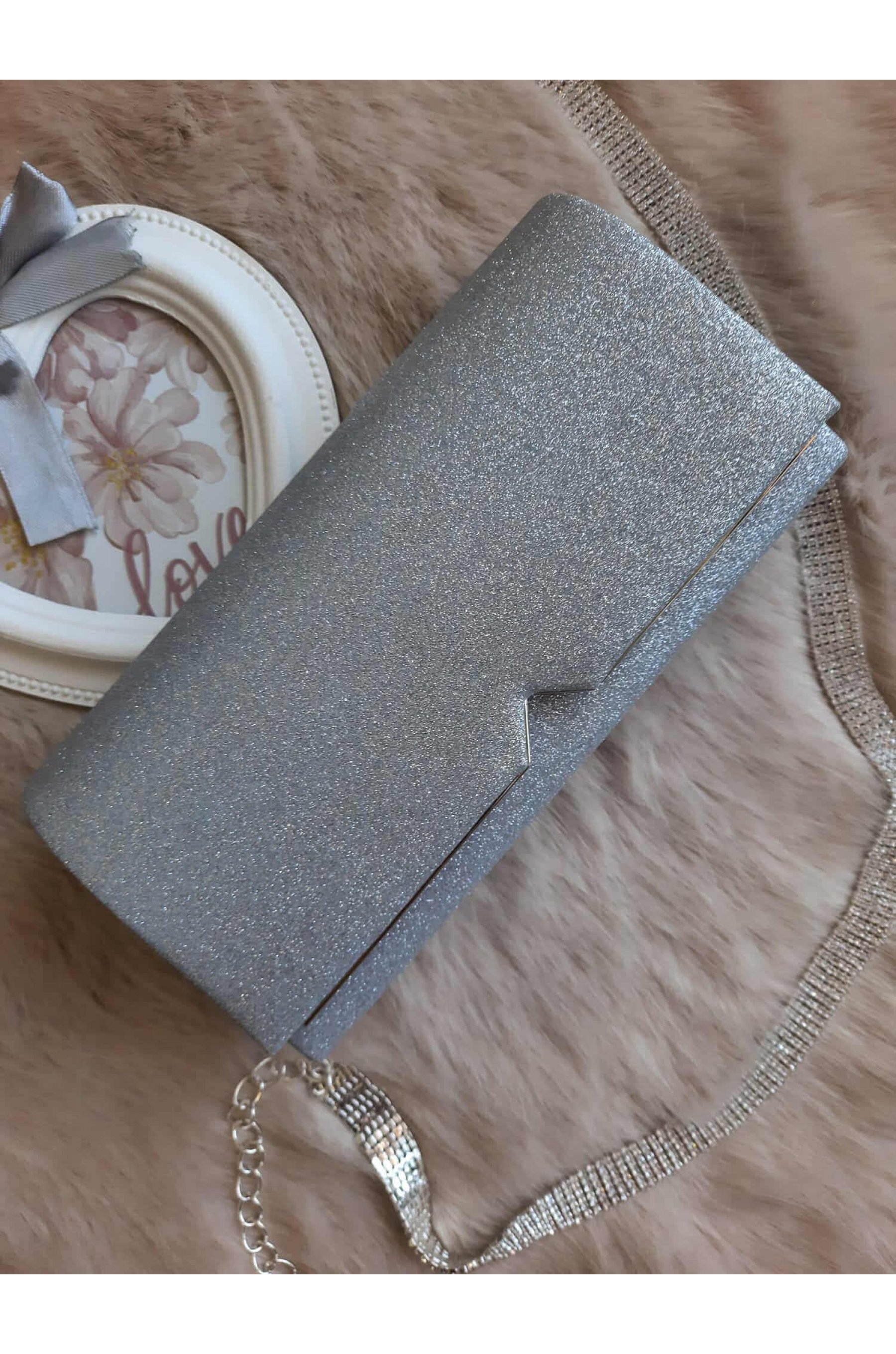 Geanta plic glitter argintiu Glossy - JojoFashion.ro