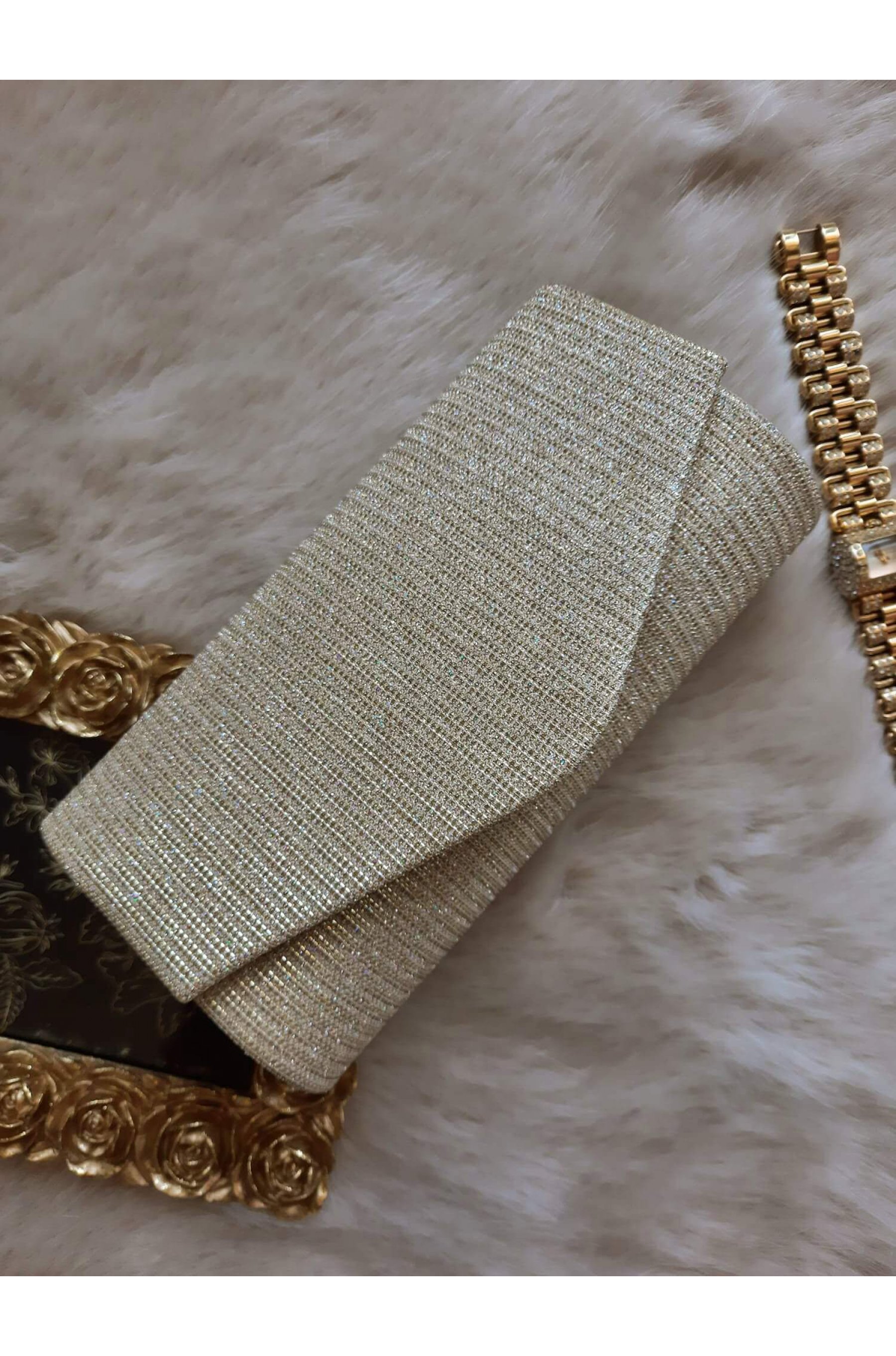 Geanta plic glitter auriu cu striatii Brightly - JojoFashion.ro