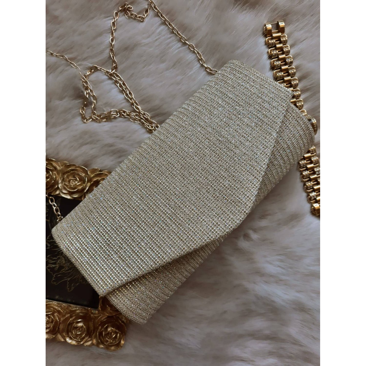 Geanta plic glitter auriu cu striatii Brightly - JojoFashion.ro