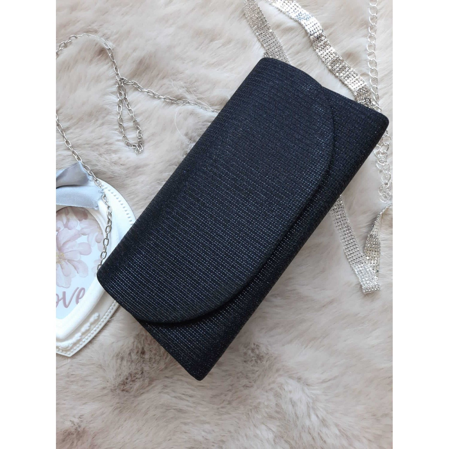 Plic glitter negru cu striatii Brilliance - JojoFashion.ro