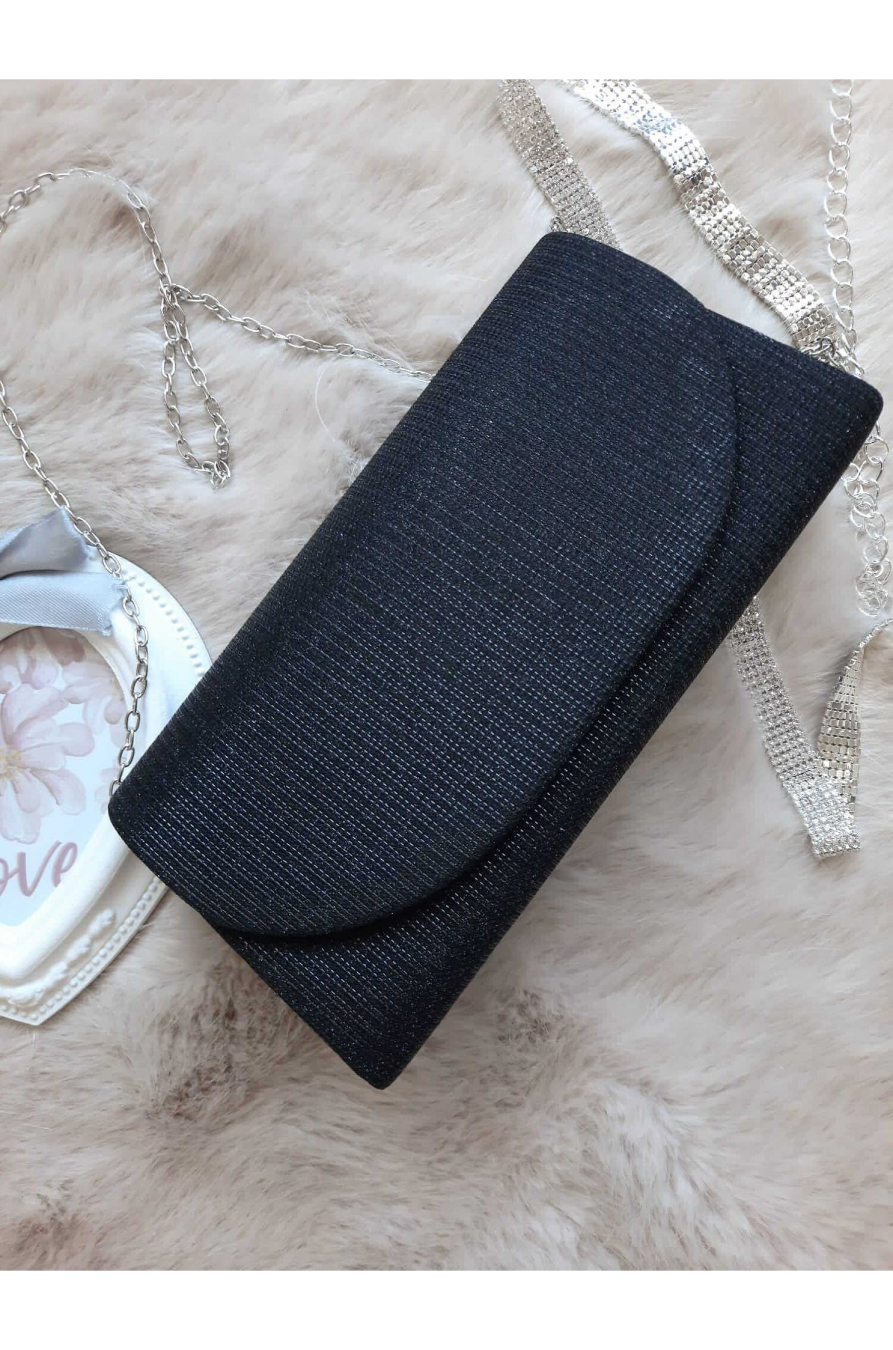 Plic glitter negru cu striatii Brilliance - JojoFashion.ro