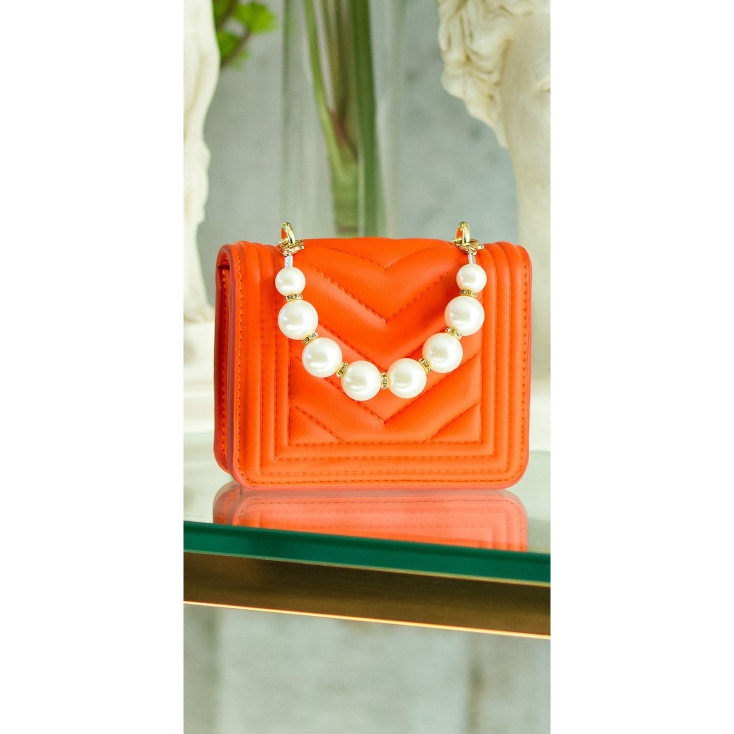 Geanta dama eleganta, din PU, orange, cu perle si lant auriu, Jessy ...