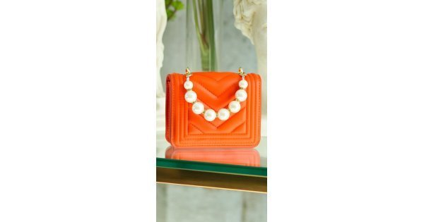 Geanta dama eleganta, din PU, orange, cu perle si lant auriu, Jessy ...