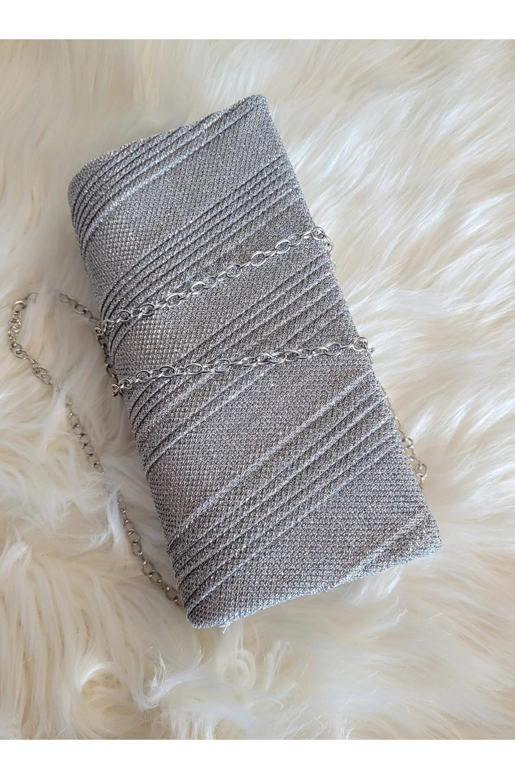 Geanta plic argintiu, cu glitter, Dariyah - JojoFashion.ro