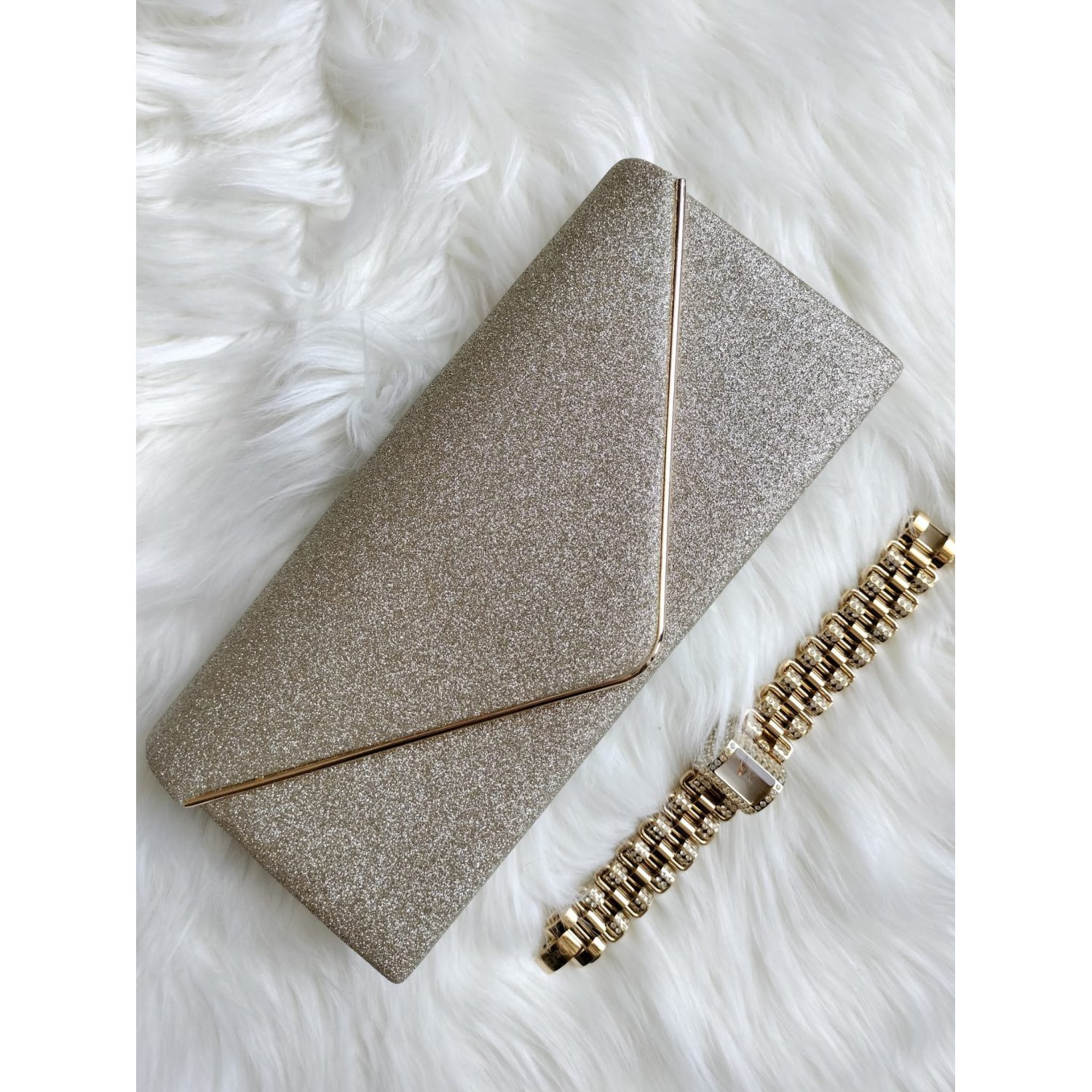 Geanta plic auriu, glitter, Sheeny - JojoFashion.ro