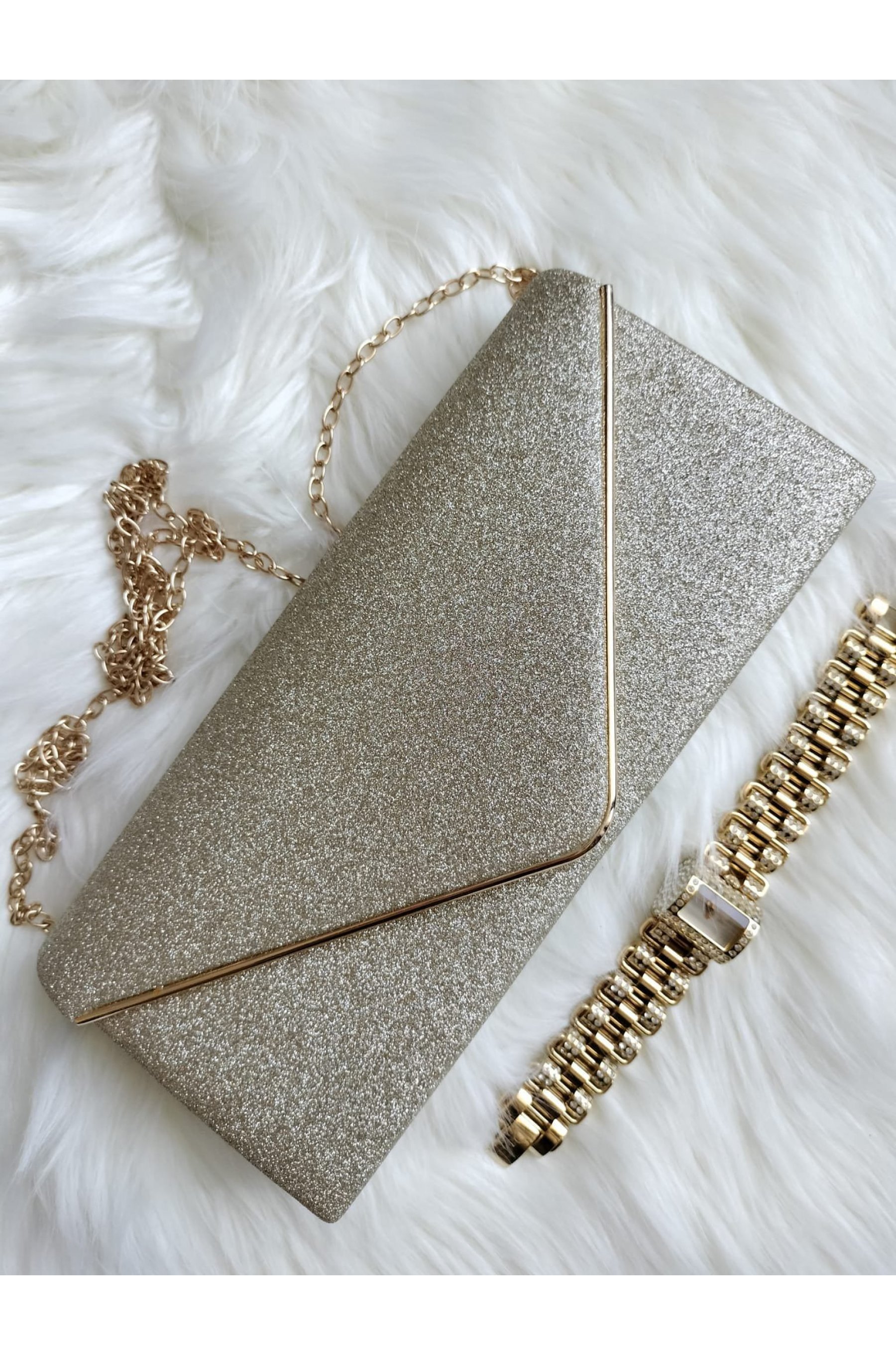 Geanta plic auriu, glitter, Sheeny - JojoFashion.ro