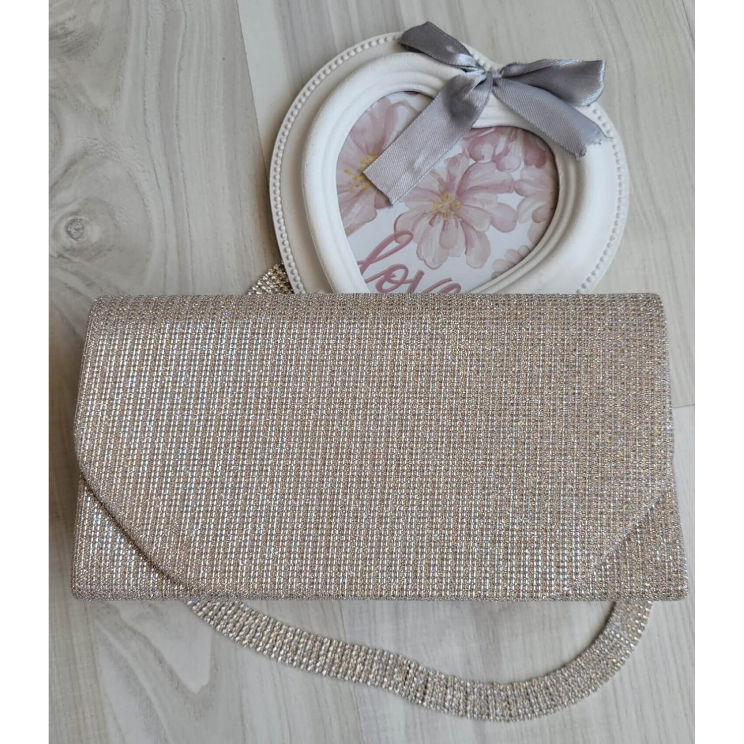 Geanta plic glitter crem Diamond - JojoFashion.ro