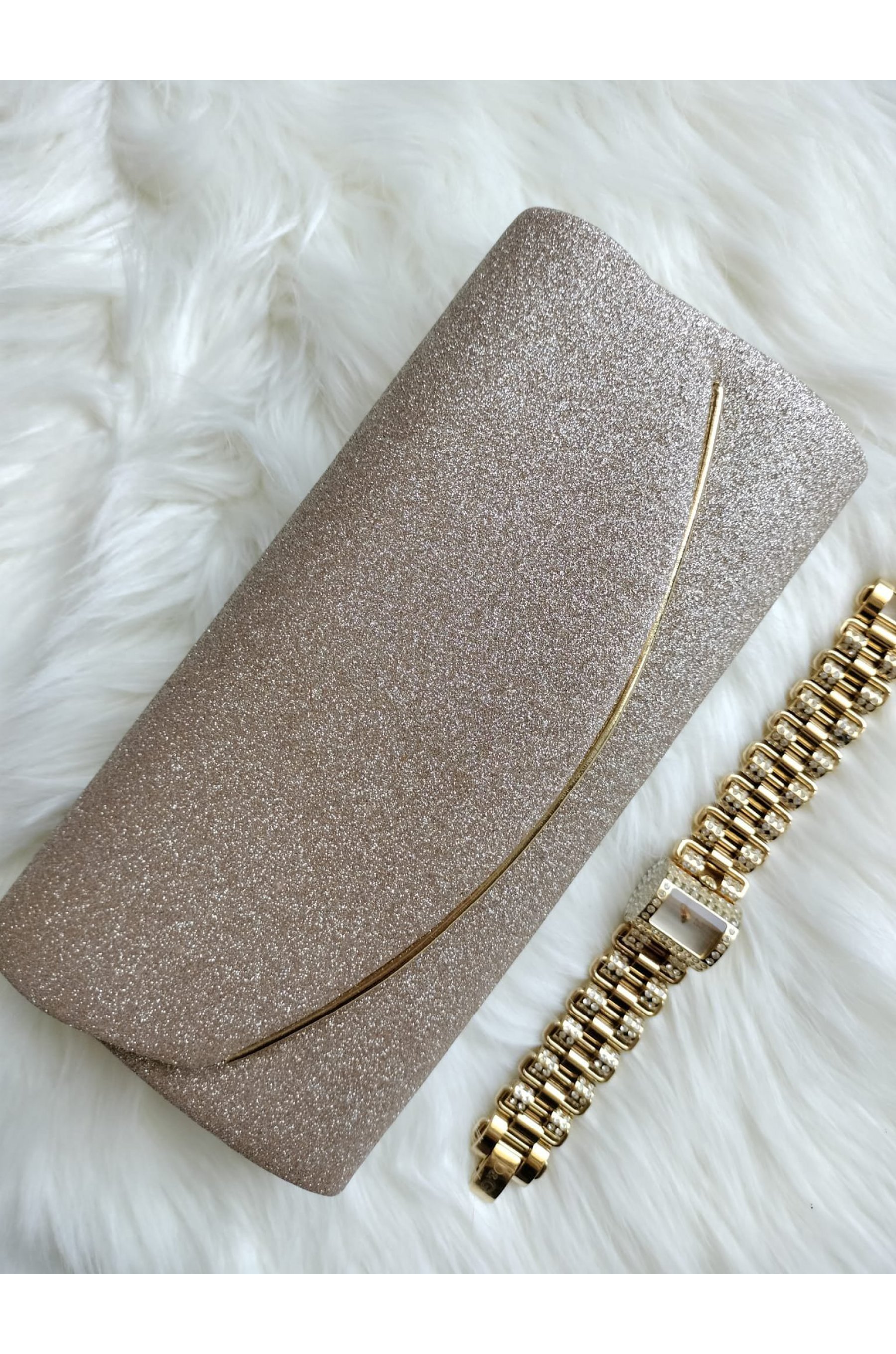 Geanta plic, crem sampanie, glitter, Ayla - JojoFashion.ro