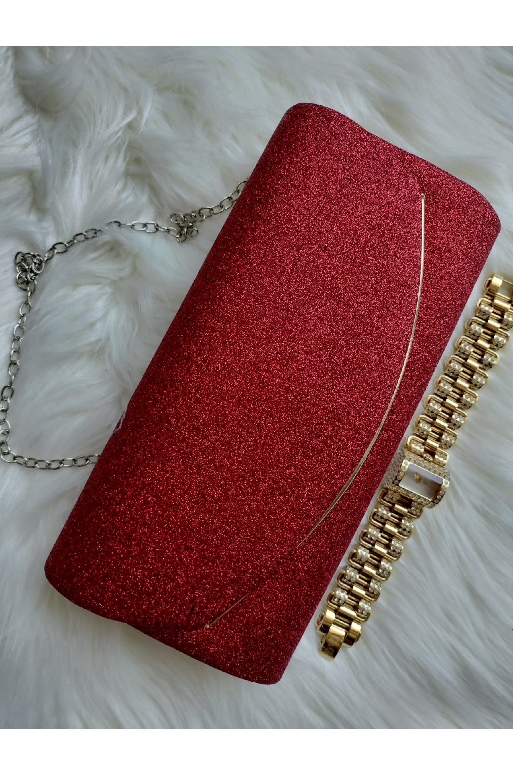 Geanta plic rosu, glitter, Ayla - JojoFashion.ro