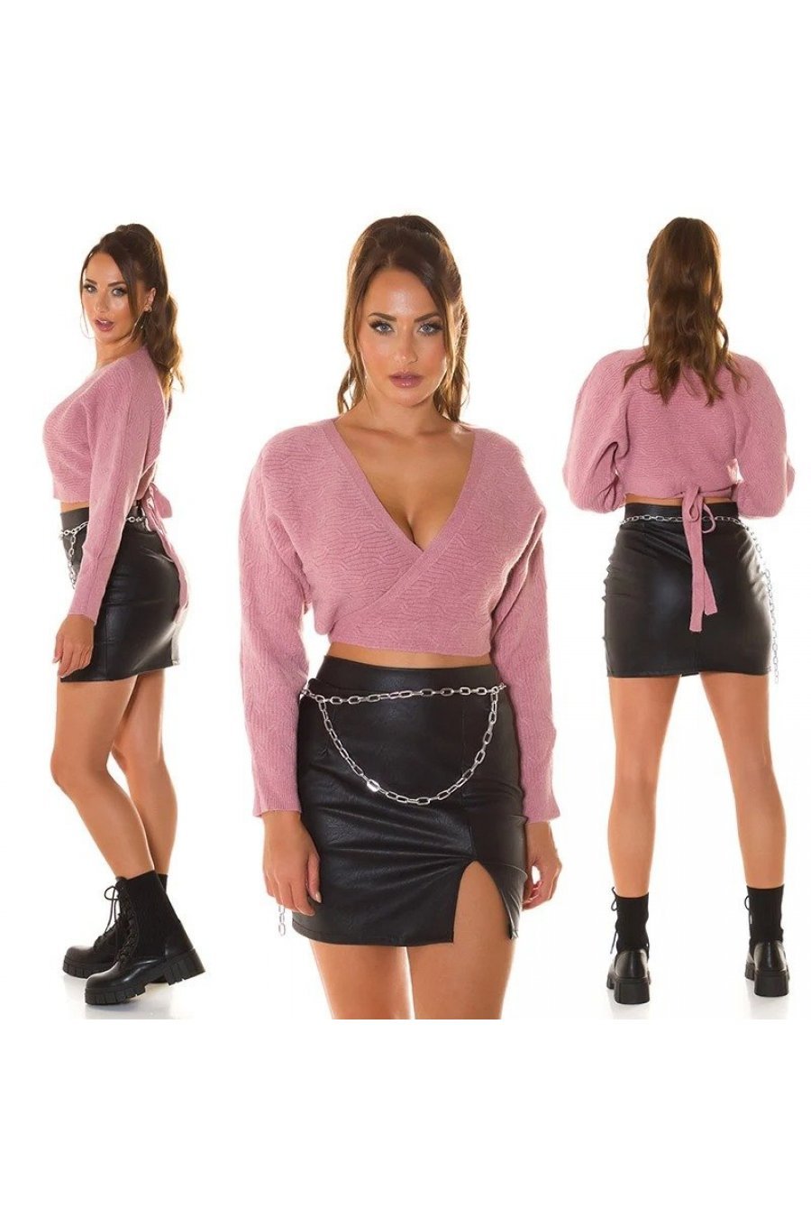 Pulover dama, crop, vascoza roz pudrat, petrecut, Shannon - JojoFashion.ro