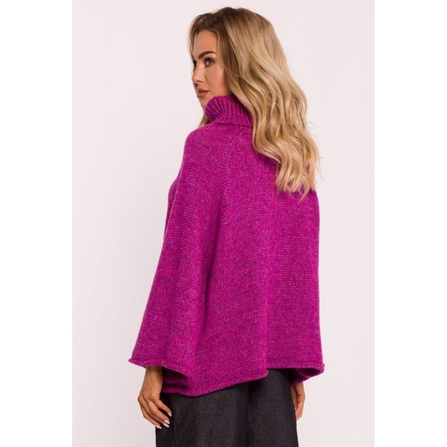 Pulover dama roz magenta, oversize, cu guler inalt si maneca larga ...