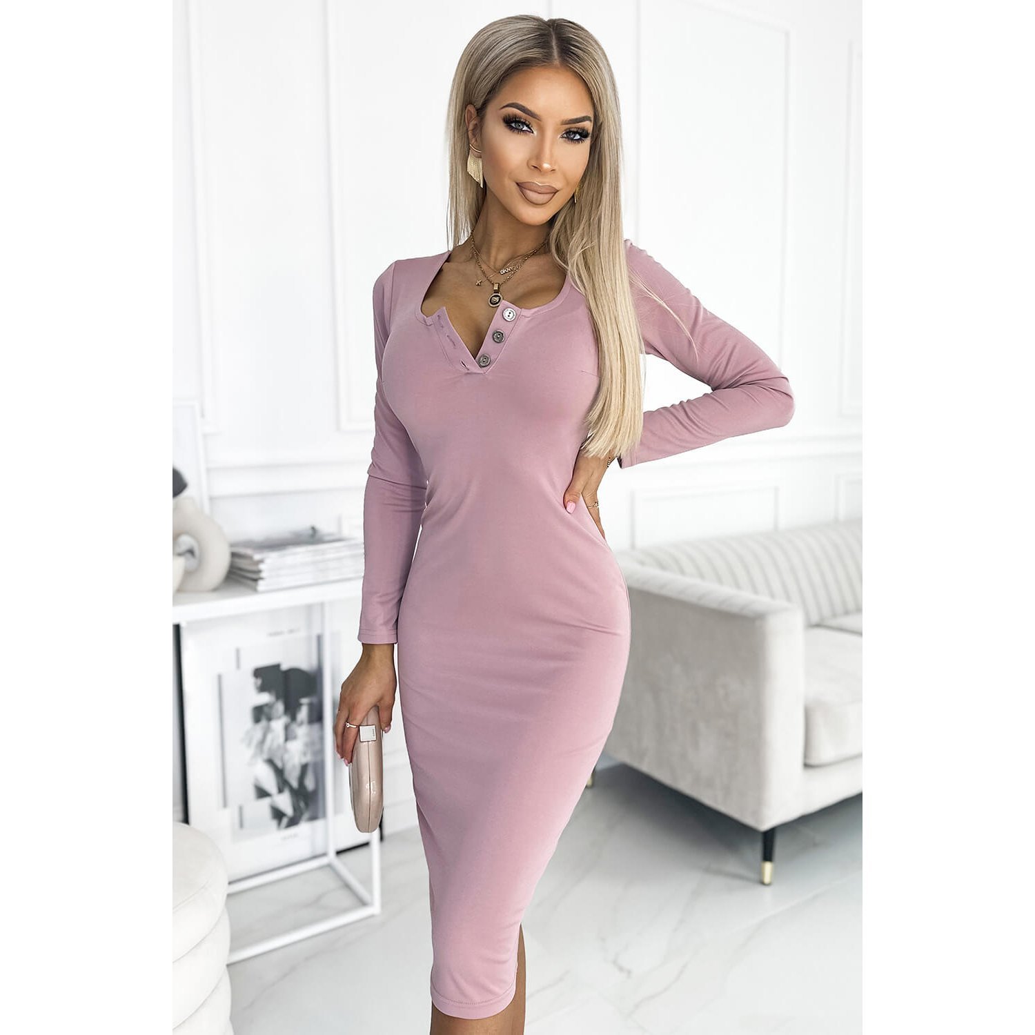 Rochie roz prafuit mulata midi cu maneca lunga Keisha - JojoFashion.ro