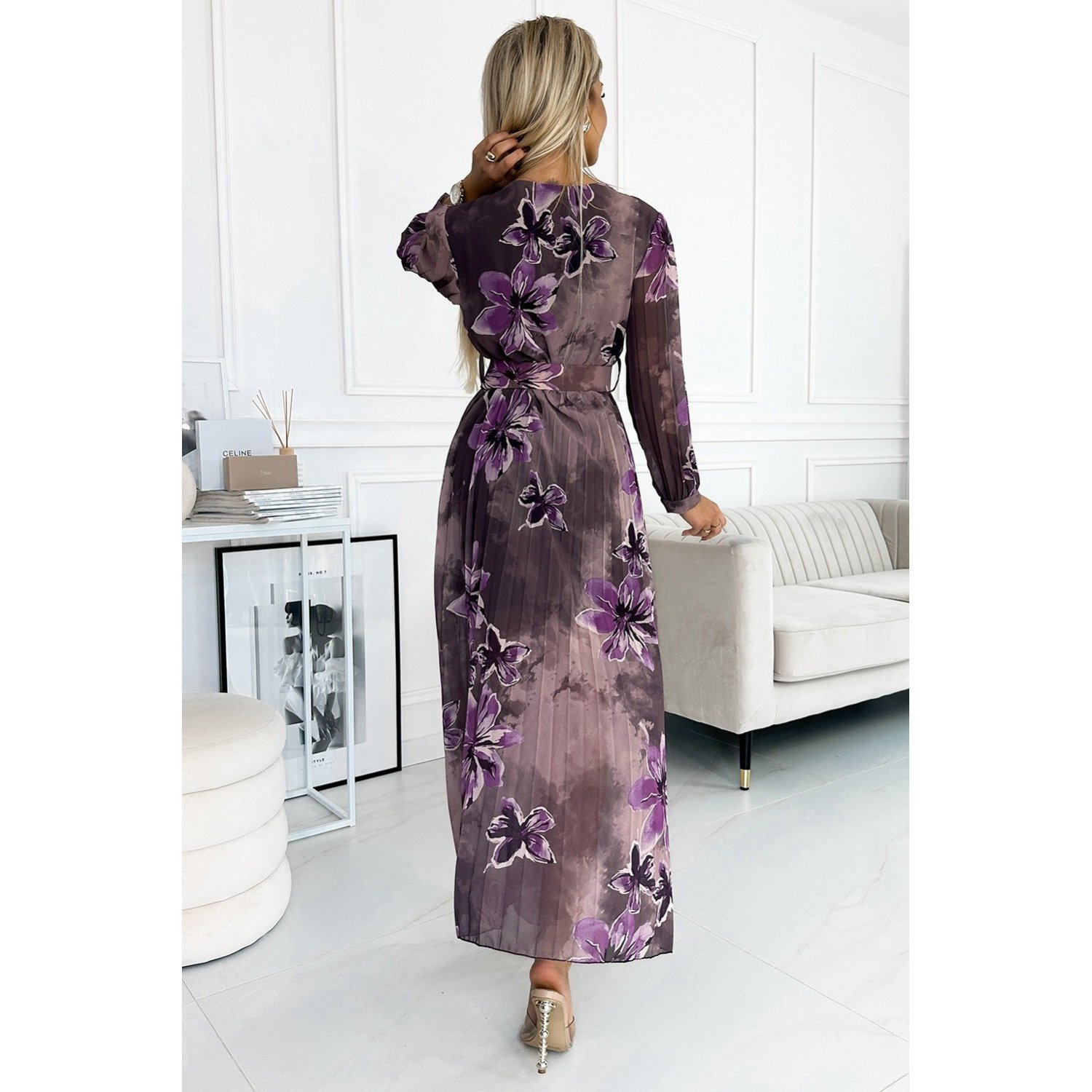 Rochie plisata lunga, din chiffon mov, cu flori si maneca lunga, Vicca ...