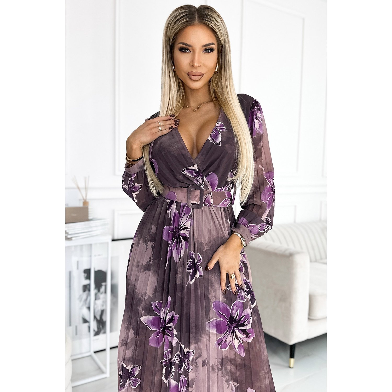 Rochie plisata lunga, din chiffon mov, cu flori si maneca lunga, Vicca ...