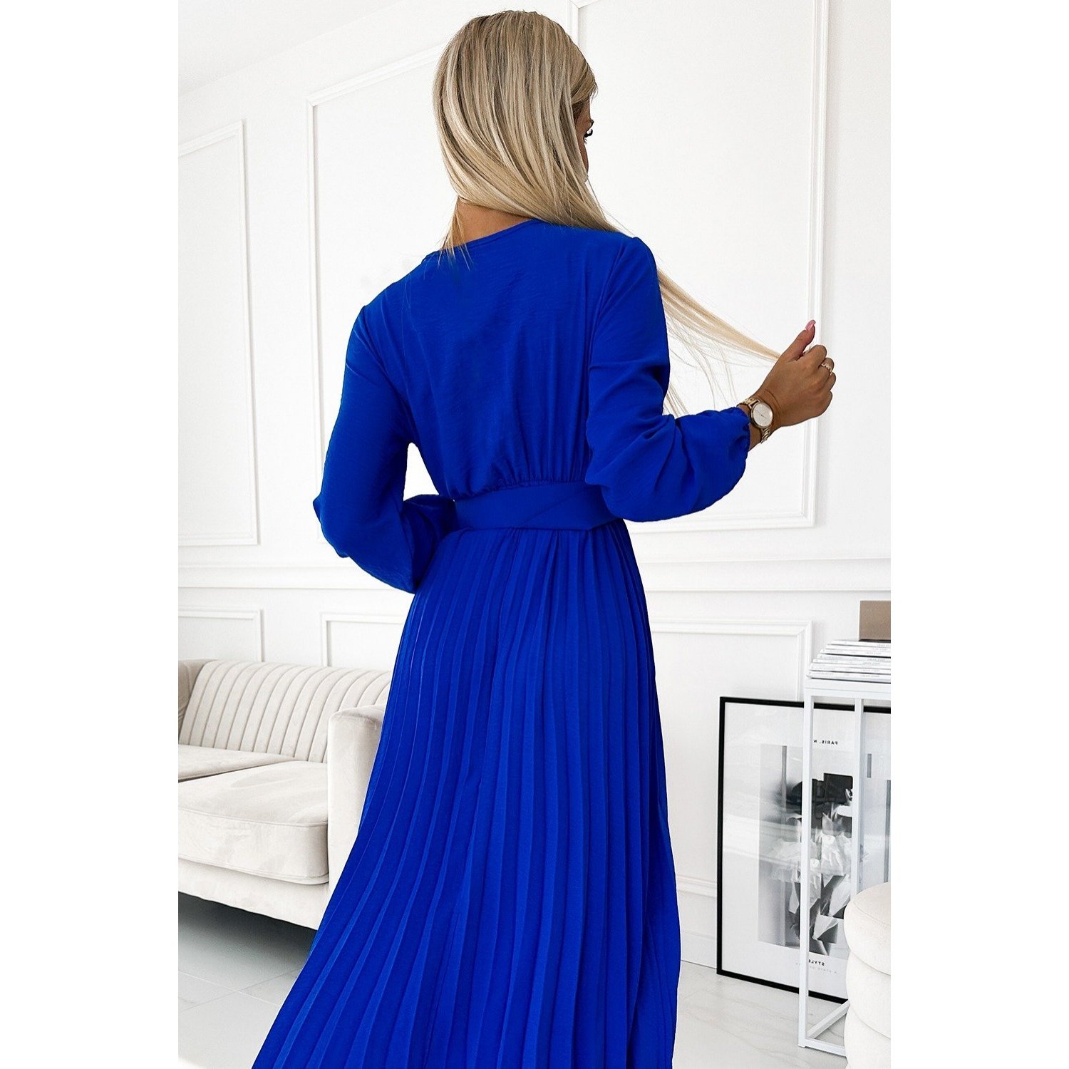 Rochie plisata midi, din voal, albastra, cu maneca lunga, petrecuta ...