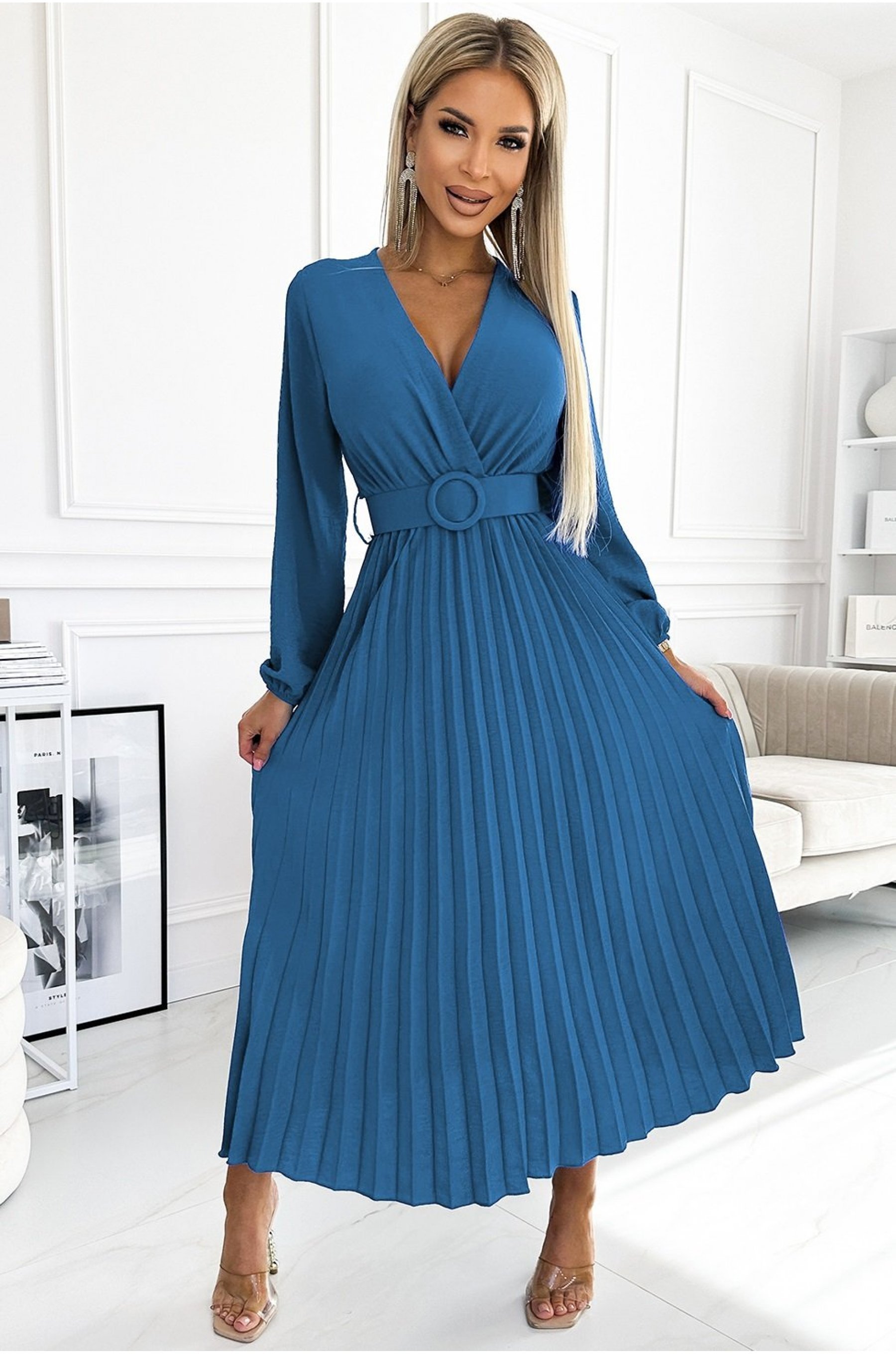 Rochie plisata midi, din voal, blue sky, cu maneca lunga, petrecuta ...