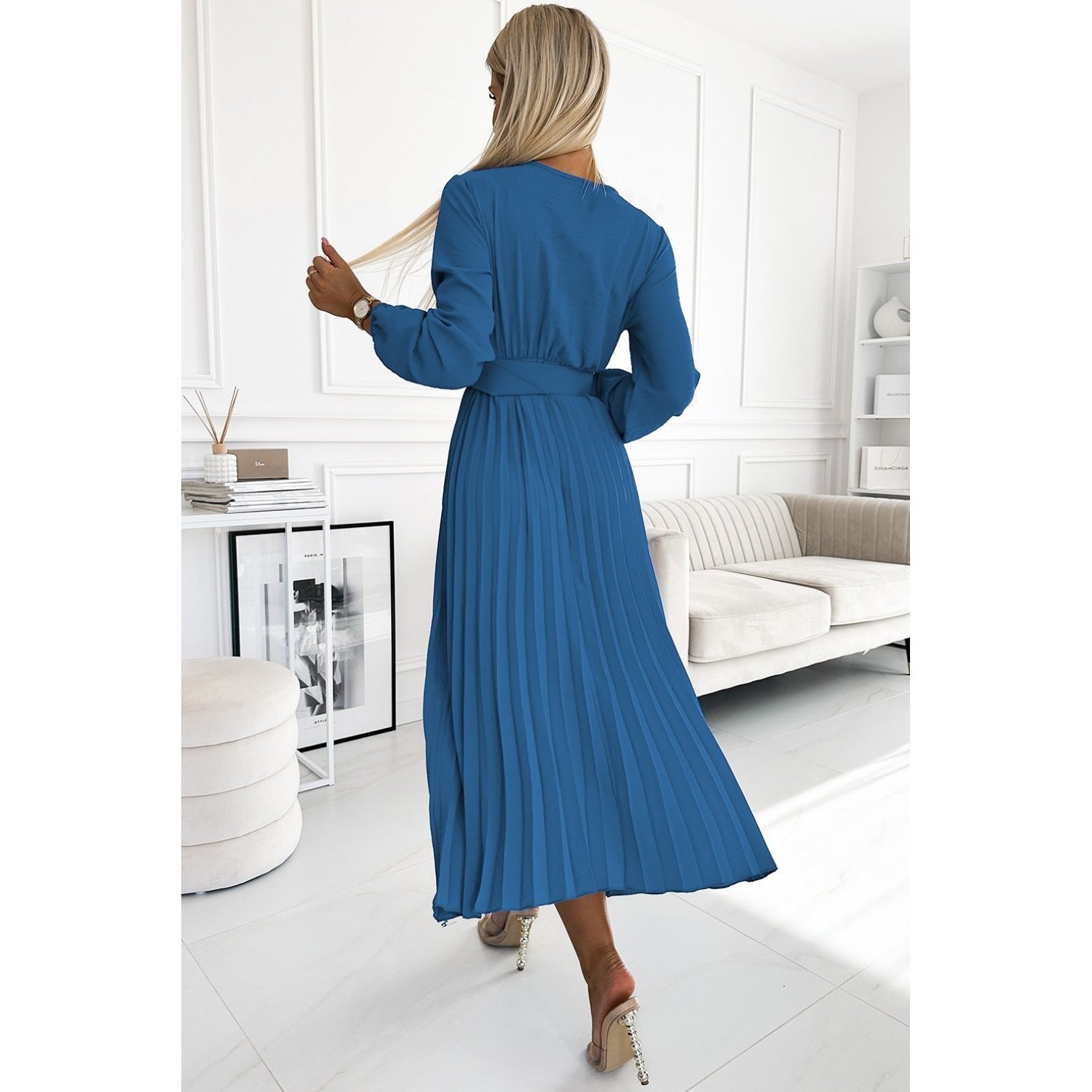 Rochie din voal blue sky plisata midi cu maneca lunga Viviana ...