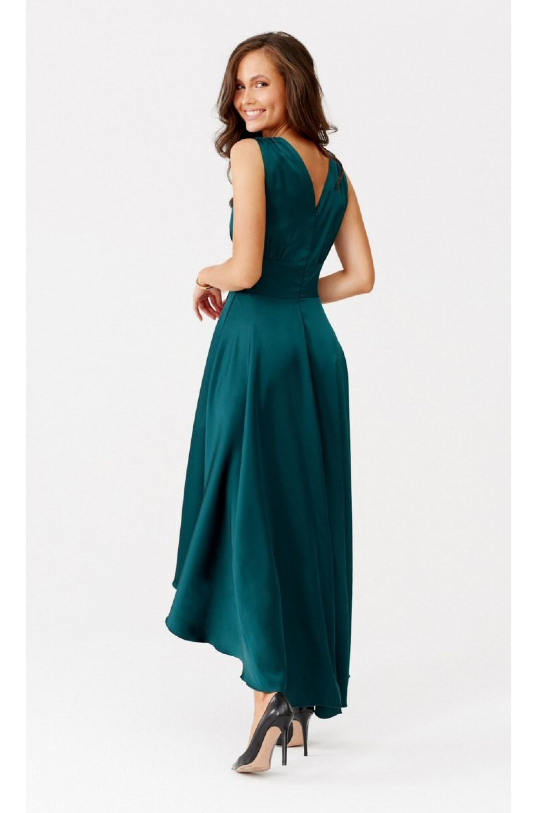 Rochie de ocazie midi, din satin verde, asimetrica, cu trena, cu trena ...