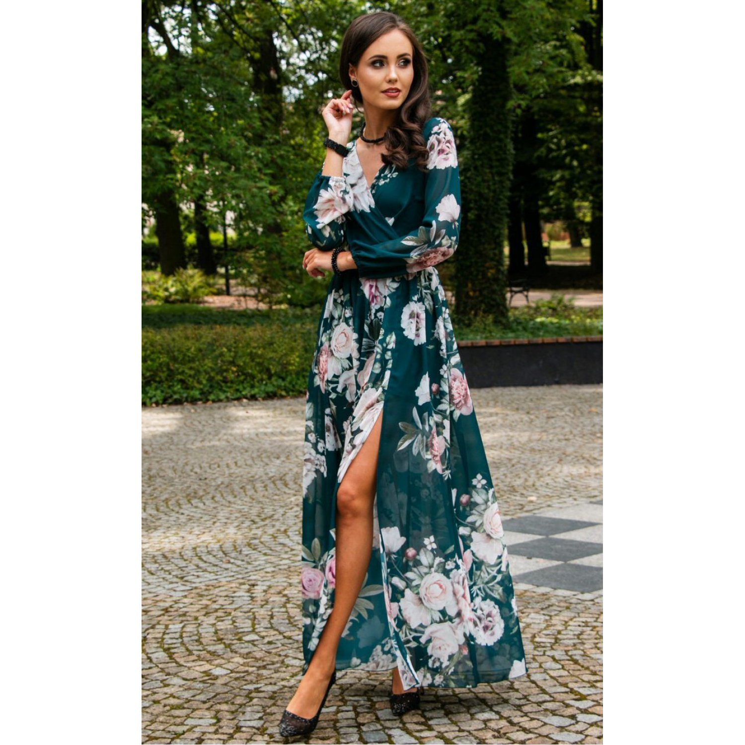 Rochie de vara lunga din voal verde smarald cu flori vaporoasa cu ...