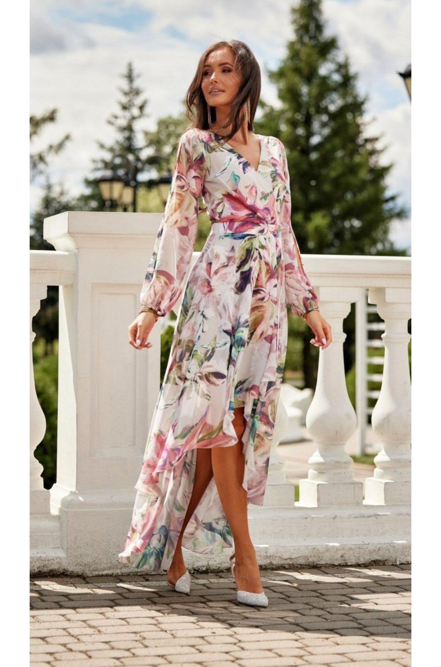 Rochie din voal lunga ecru cu flori mari vaporoasa cu maneca lunga Sureya - JojoFashion.ro