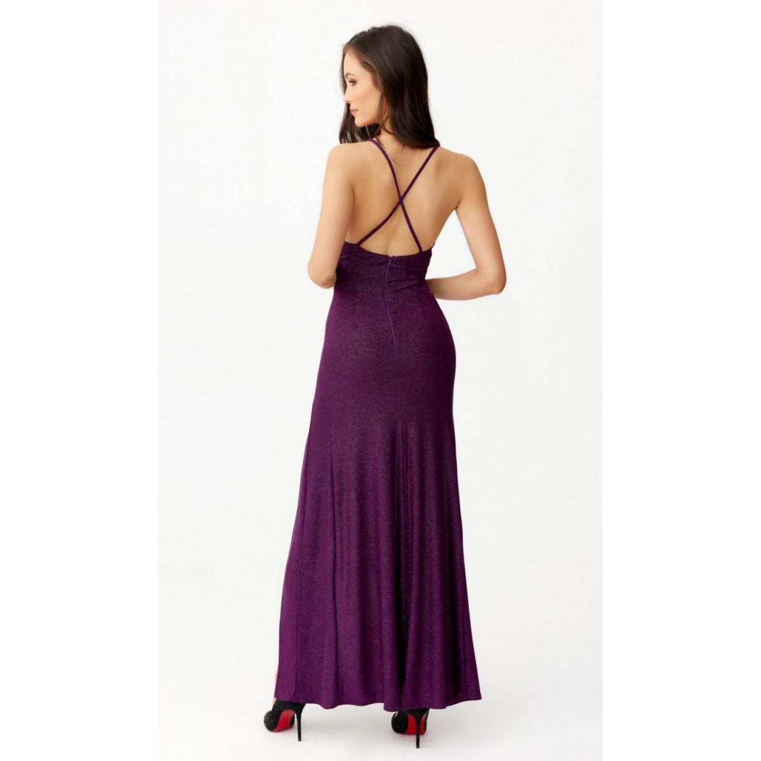 Rochie lunga mulata din brocard mov cu spatele gol Frida - JojoFashion.ro