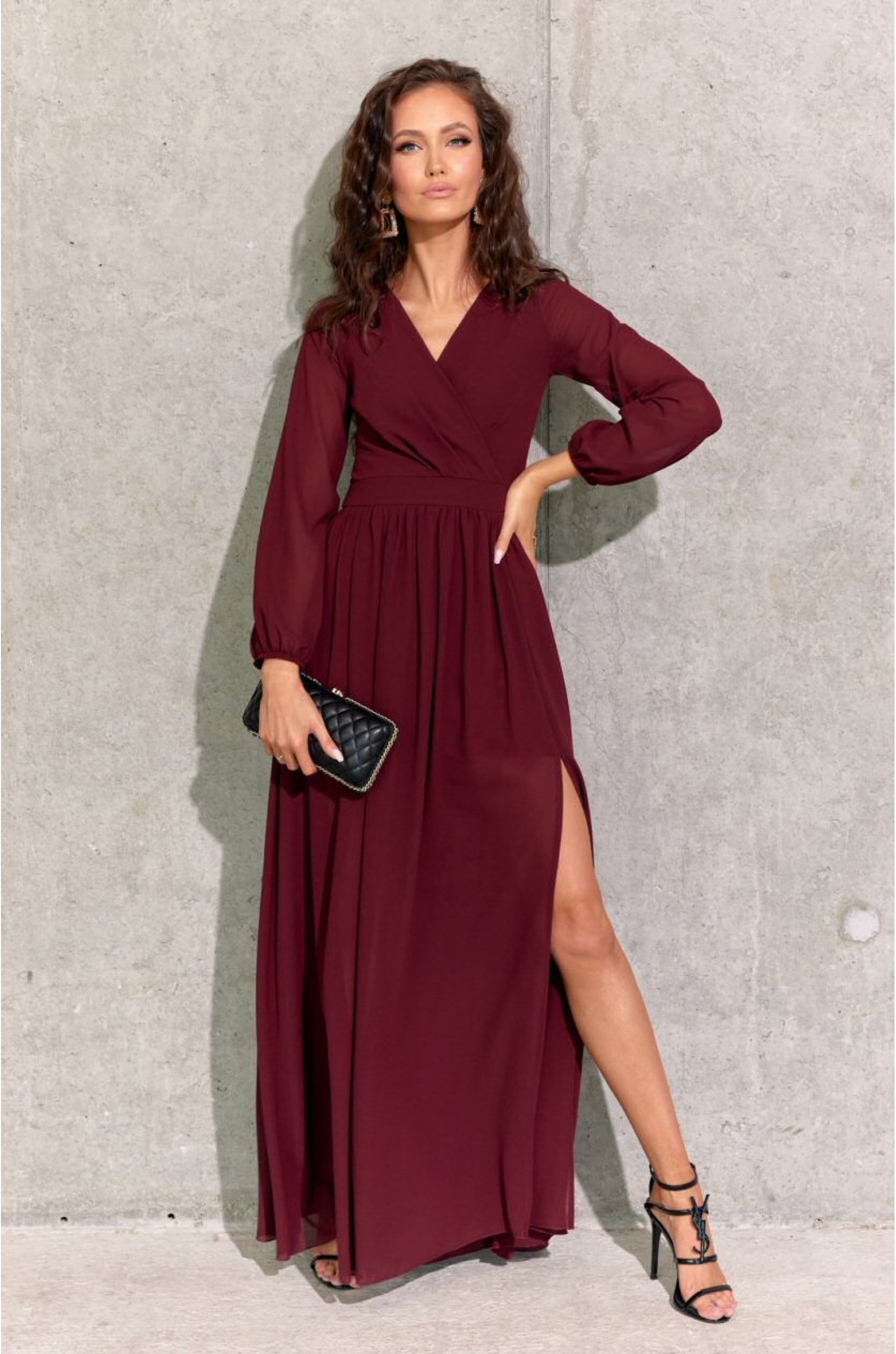 Rochie eleganta lunga, din chiffon, burgundy, cu maneca lunga ...