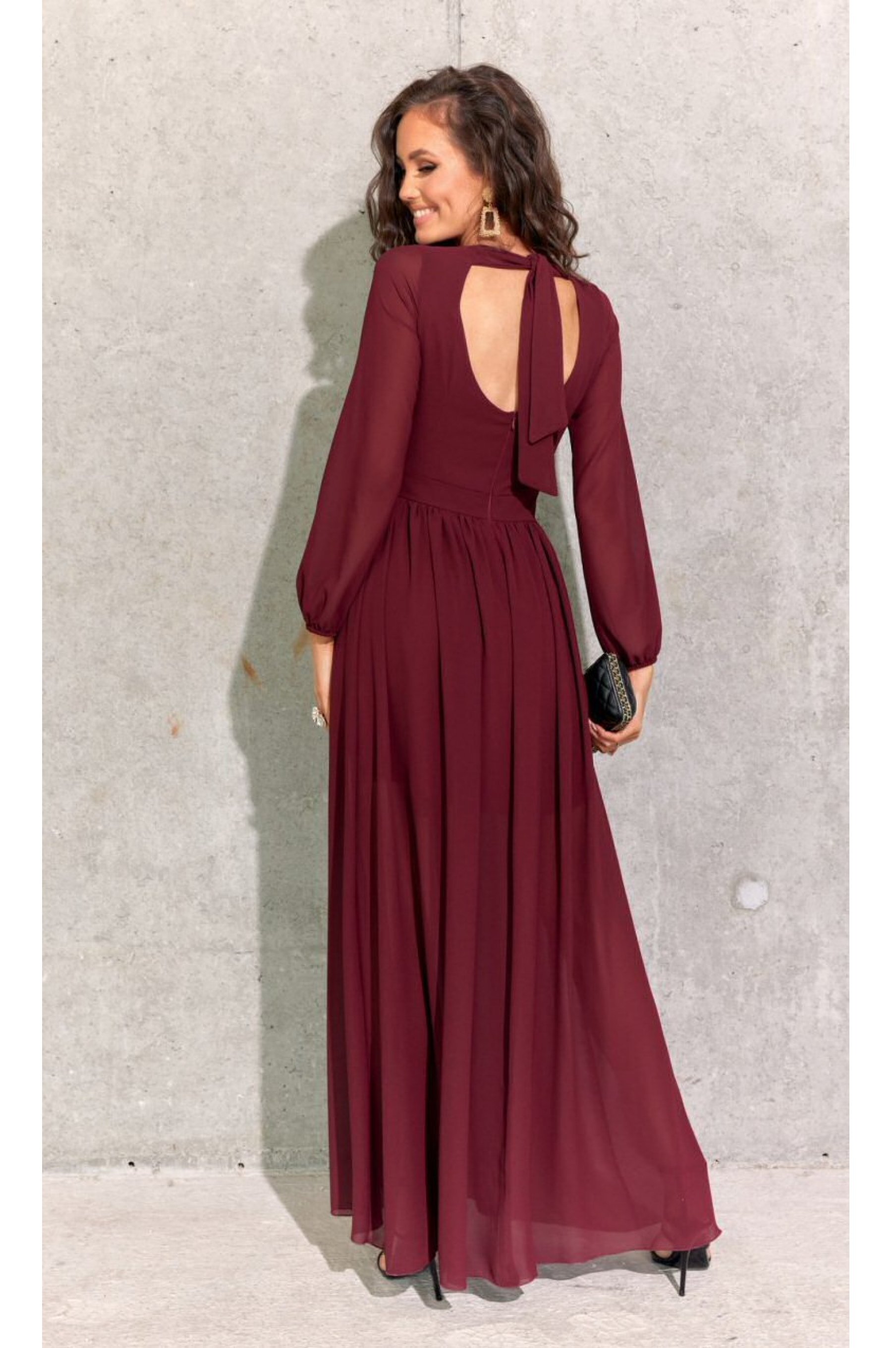 Rochie eleganta lunga, din chiffon, burgundy, cu maneca lunga ...