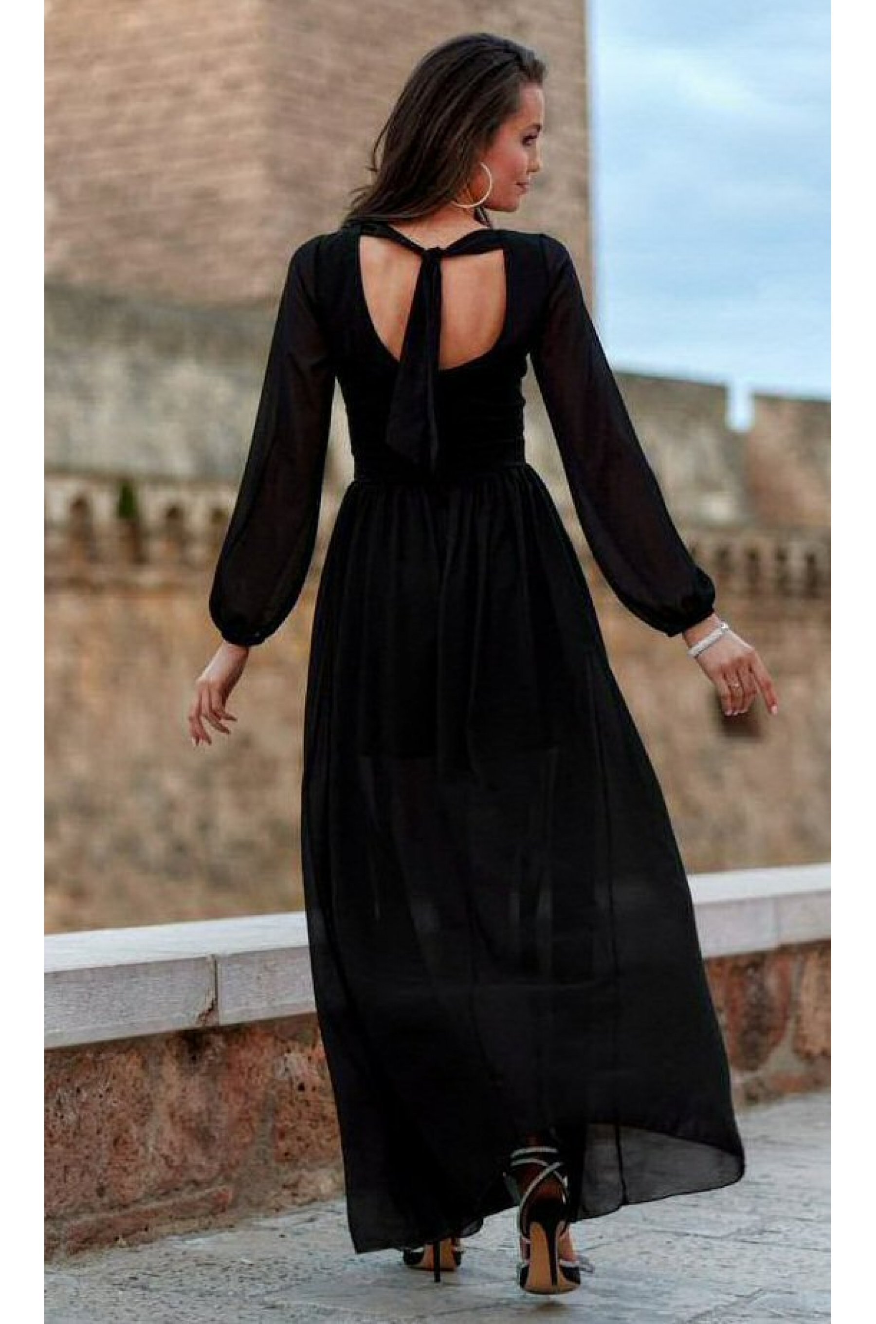 Rochie eleganta lunga, din chiffon, neagra, cu maneca lunga, vaporoasa ...